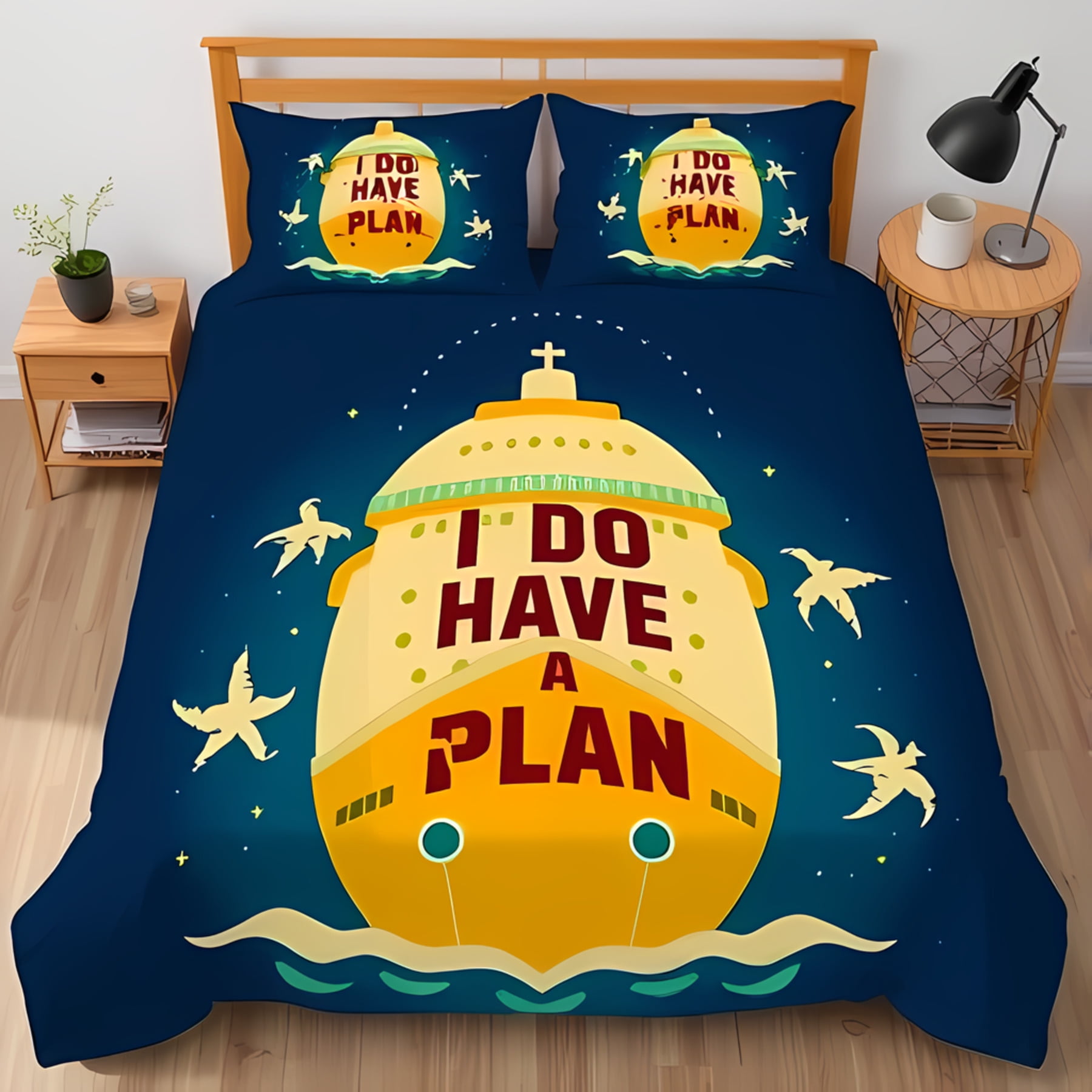 3-Piece Navy Blue Duvet Cover Set with Whimsical Yellow Cruise Ship ...