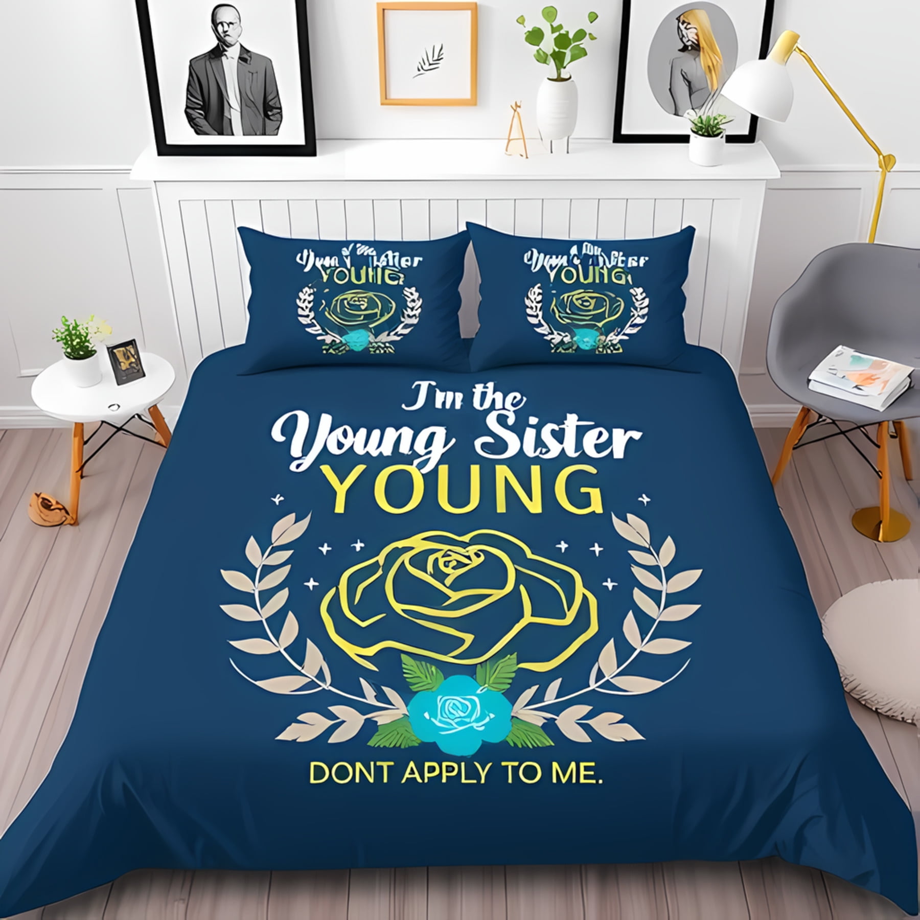 3-Piece Navy Blue Duvet Cover Set with Yellow Rose & Green Leaves ...