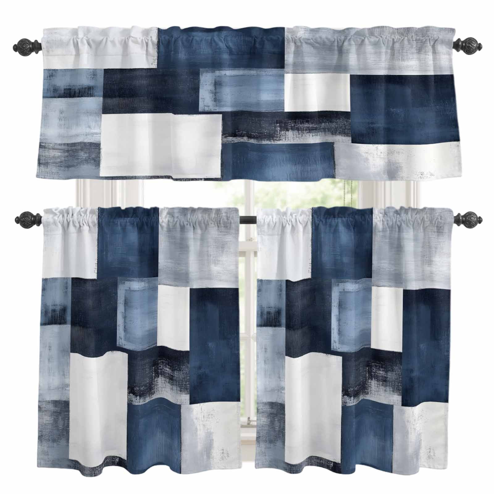 3 Piece Navy Blue Grey White Kitchen Curtain Valance and Tiers Set ...