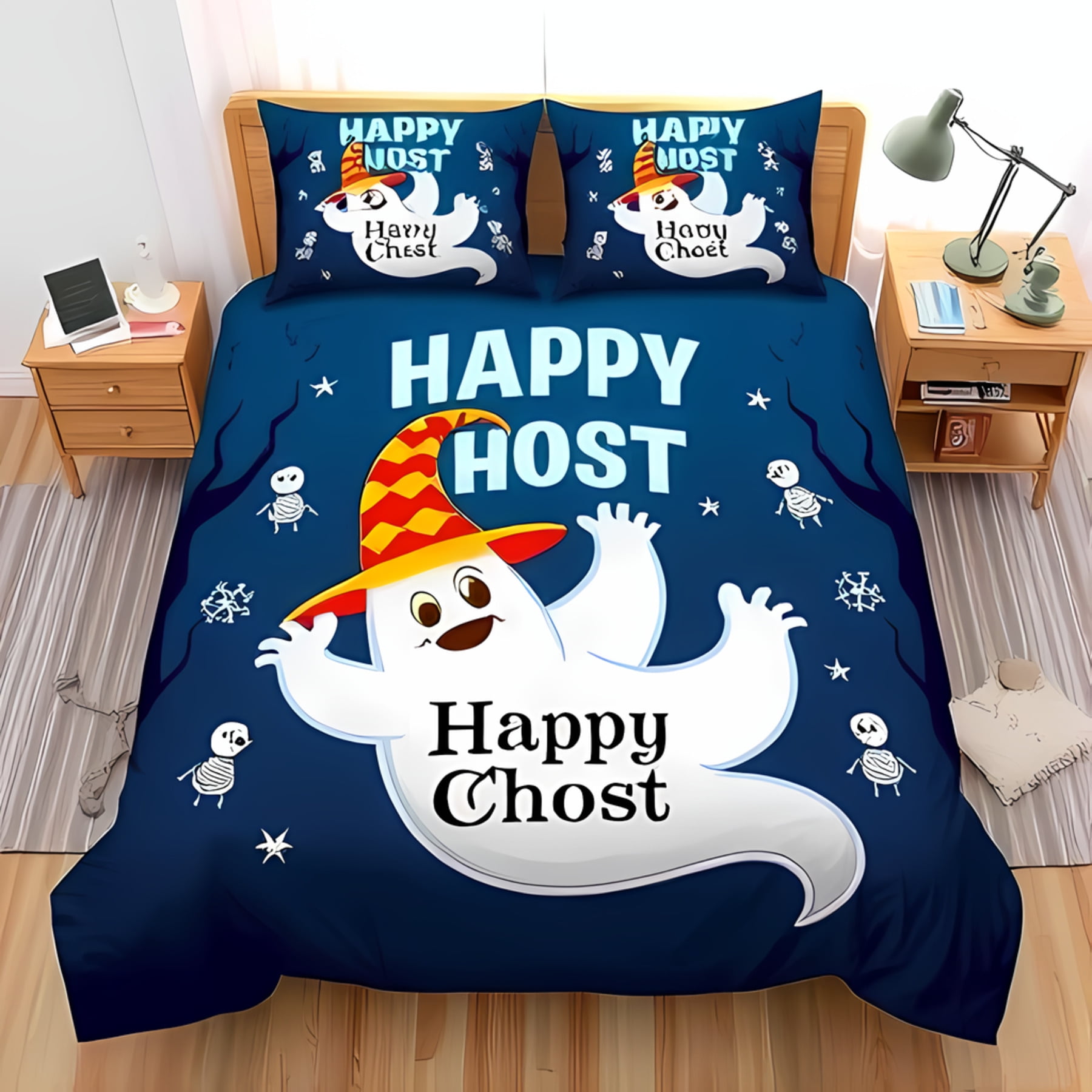 3-Piece Navy Blue Halloween Duvet Cover Set with Playful Cartoon Ghost ...