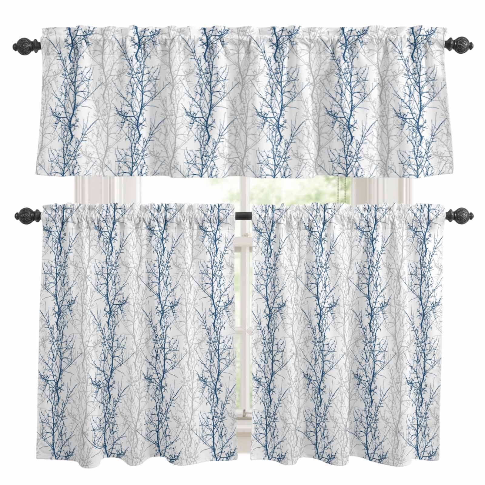 3 Piece Navy Blue Kitchen Curtain Valance and Tiers Set Grey Tree ...