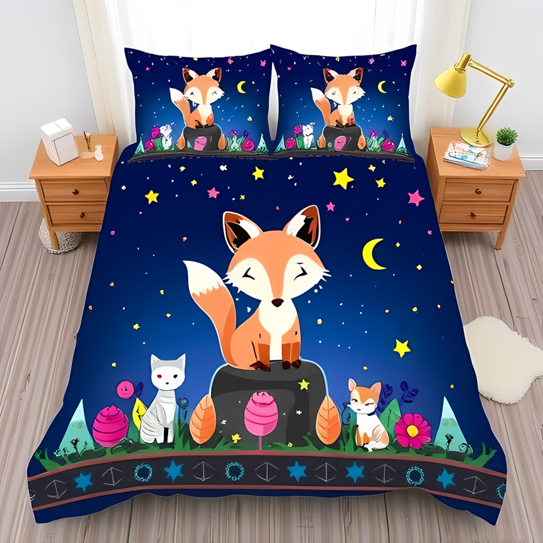 3-Piece Navy Blue Night Sky Duvet Cover Set with Friendly Fox ...