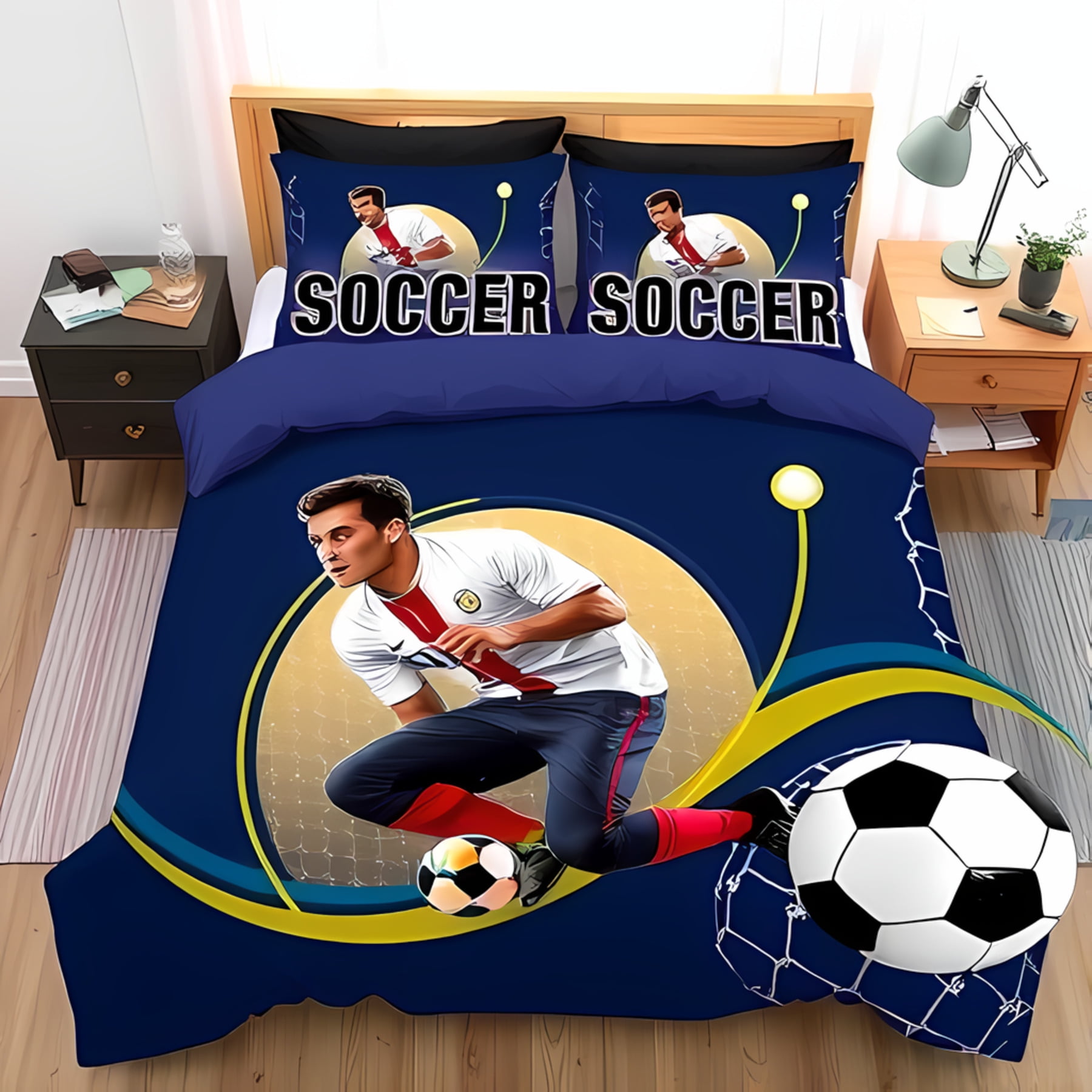 3-Piece Navy Blue Soccer Duvet Cover Set with Player Illustrations ...