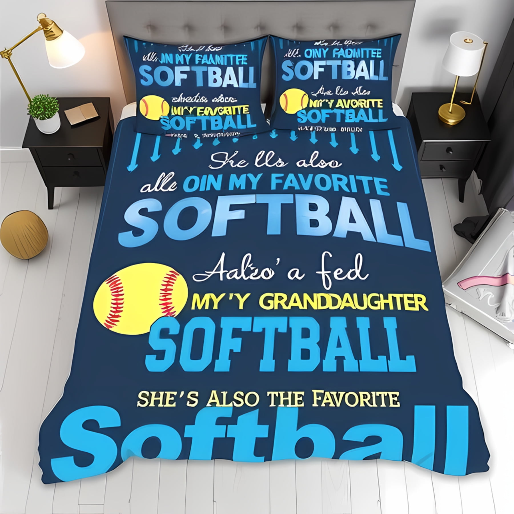 3-Piece Navy Blue Softball Duvet Cover Set with Fun Phrases & Realistic ...