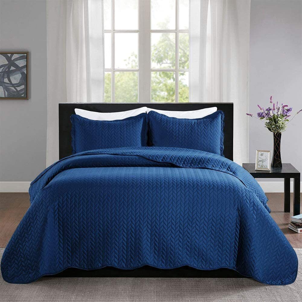 3 Piece Navy Quilted Bedspread Twin Queen King Size Embossed Coverlet ...