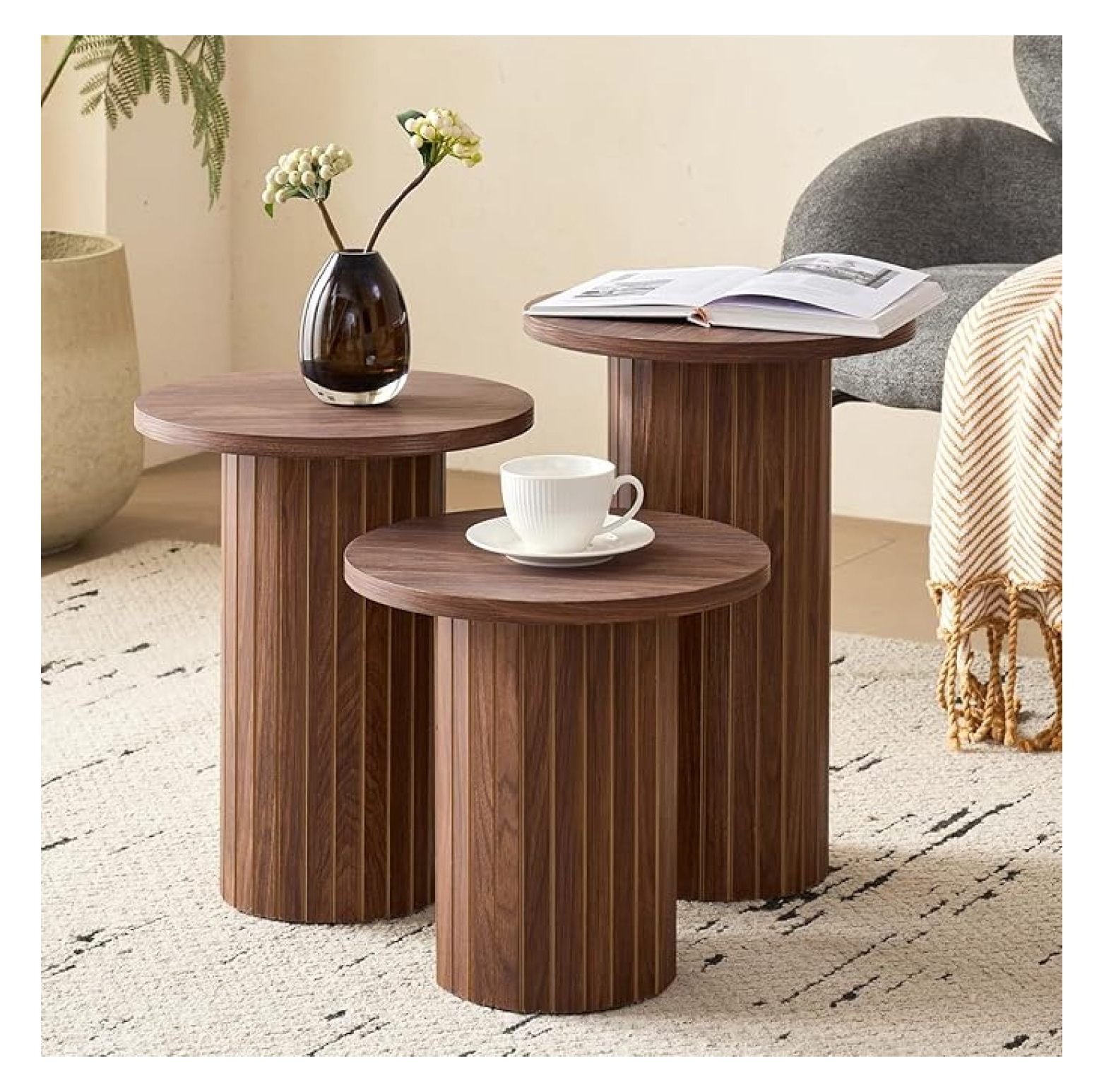 3-Piece Nesting Coffee Table Set, Modern Small Round Wood Side Tables ...