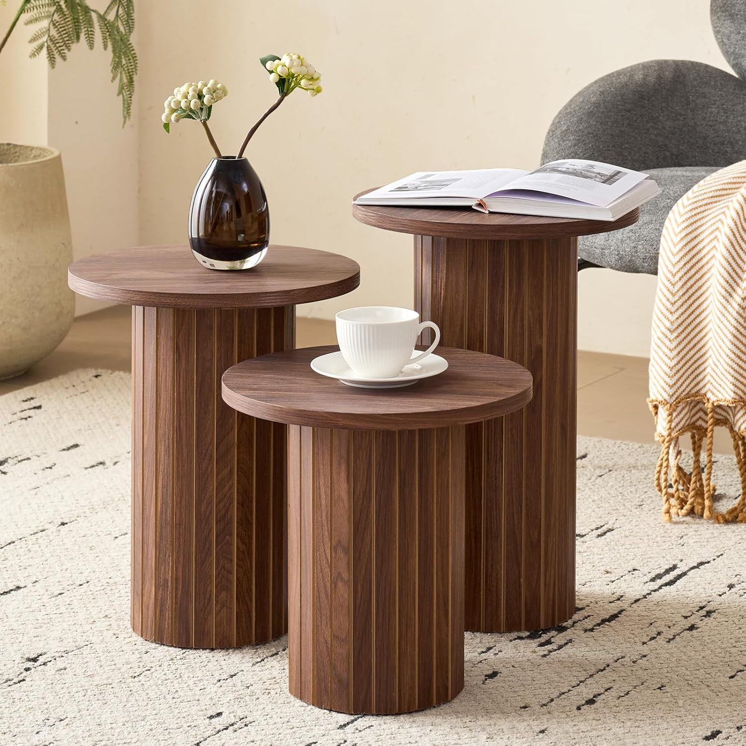 3-Piece Nesting Round Wood Coffee Table Set, Fluted Drum Base Side ...