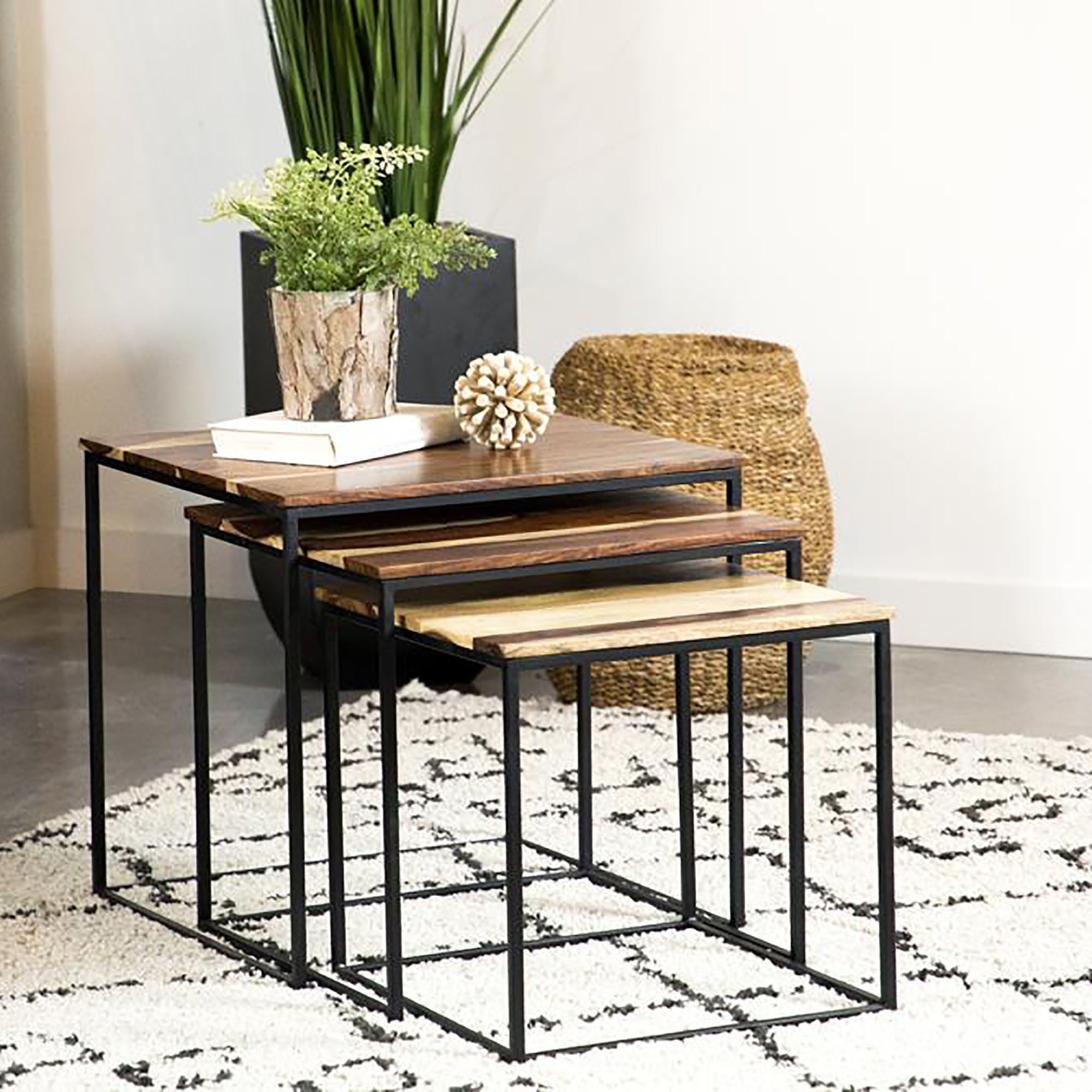 3-Piece Nesting Tables, Sheesham Wood & Black Metal, Space-Saving Tables for Living Room ...