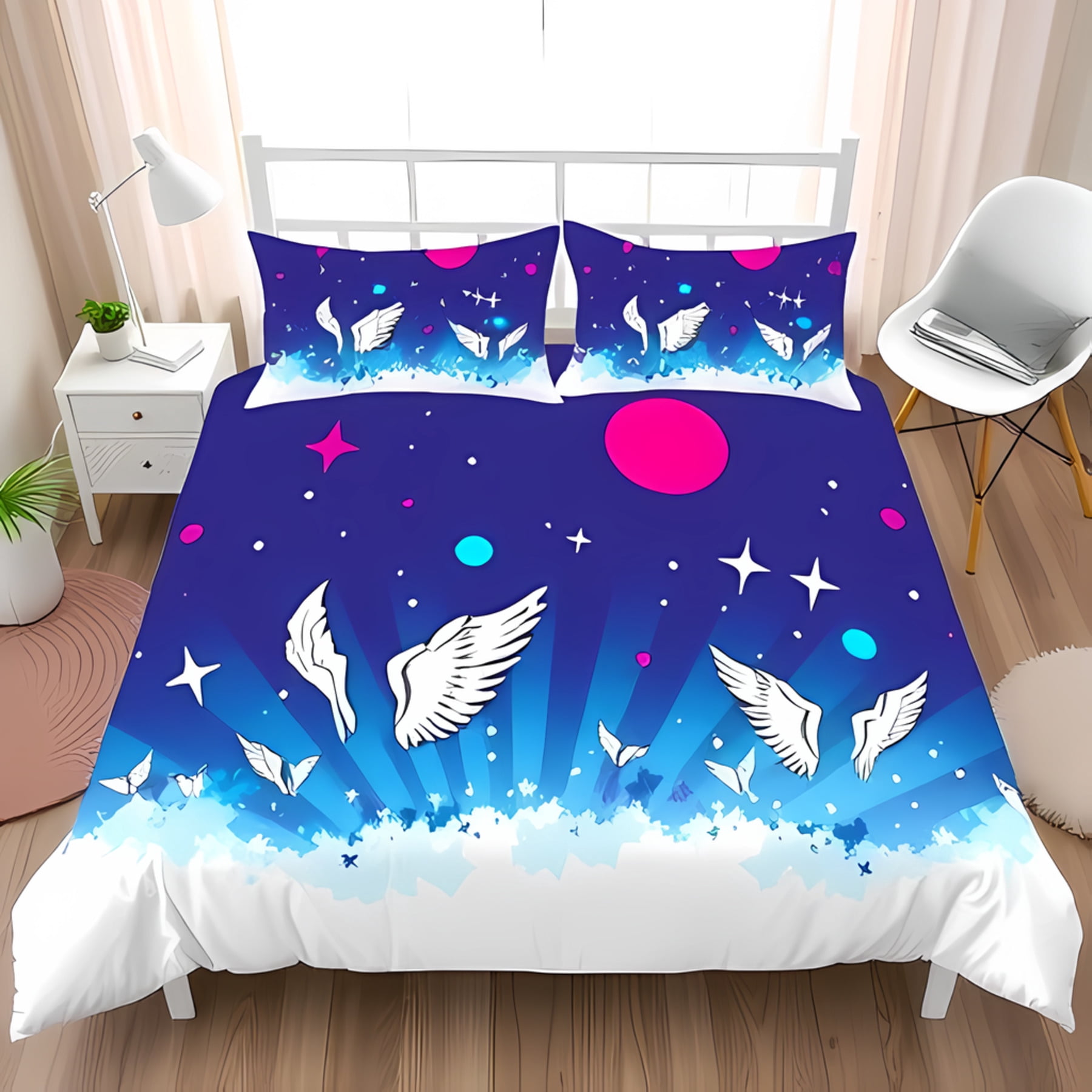 3-Piece Night Sky Duvet Cover Set - Dark Blue with White Stars Pink ...