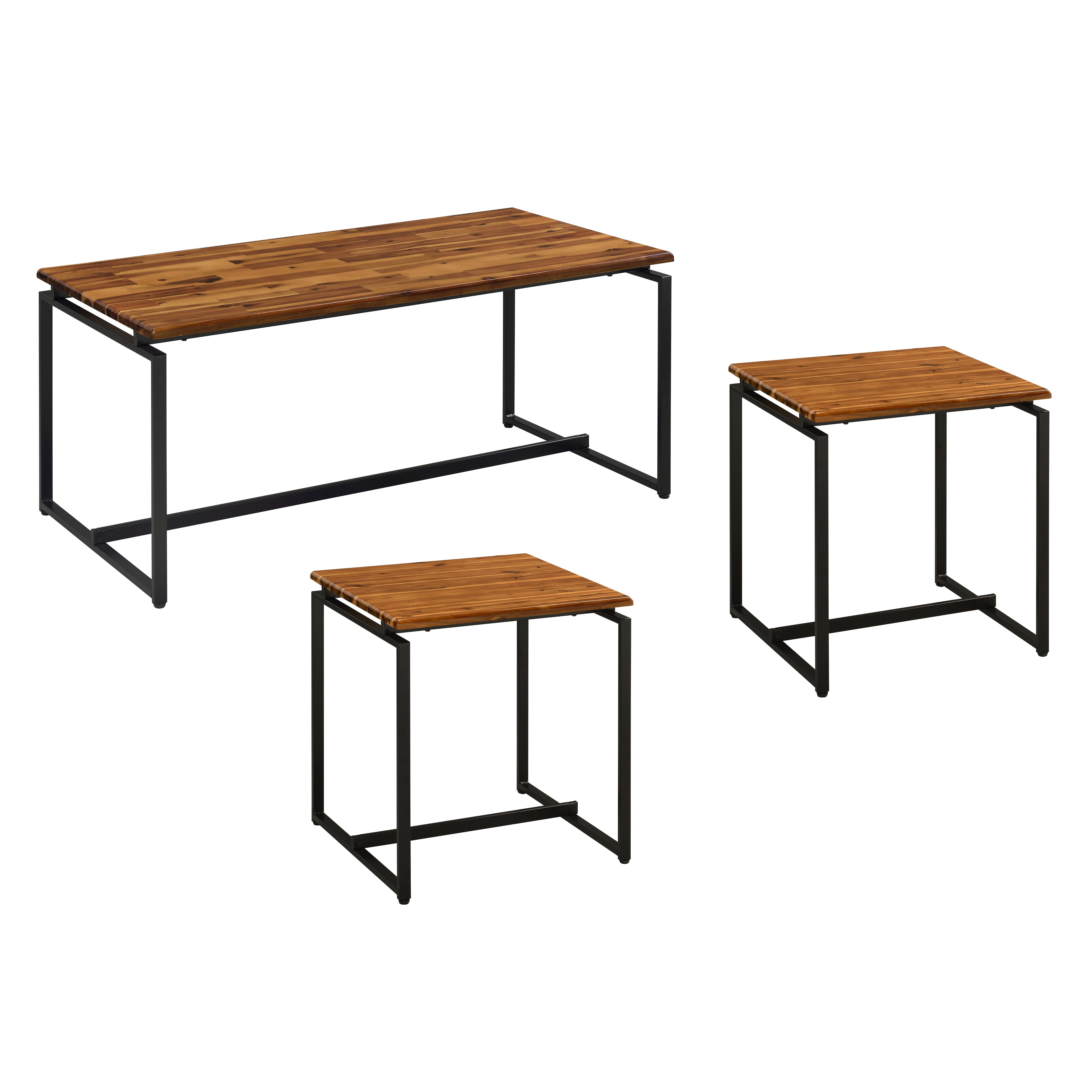 3-Piece Oak & Black Coffee Table Set for Living Room, Industrial Style ...