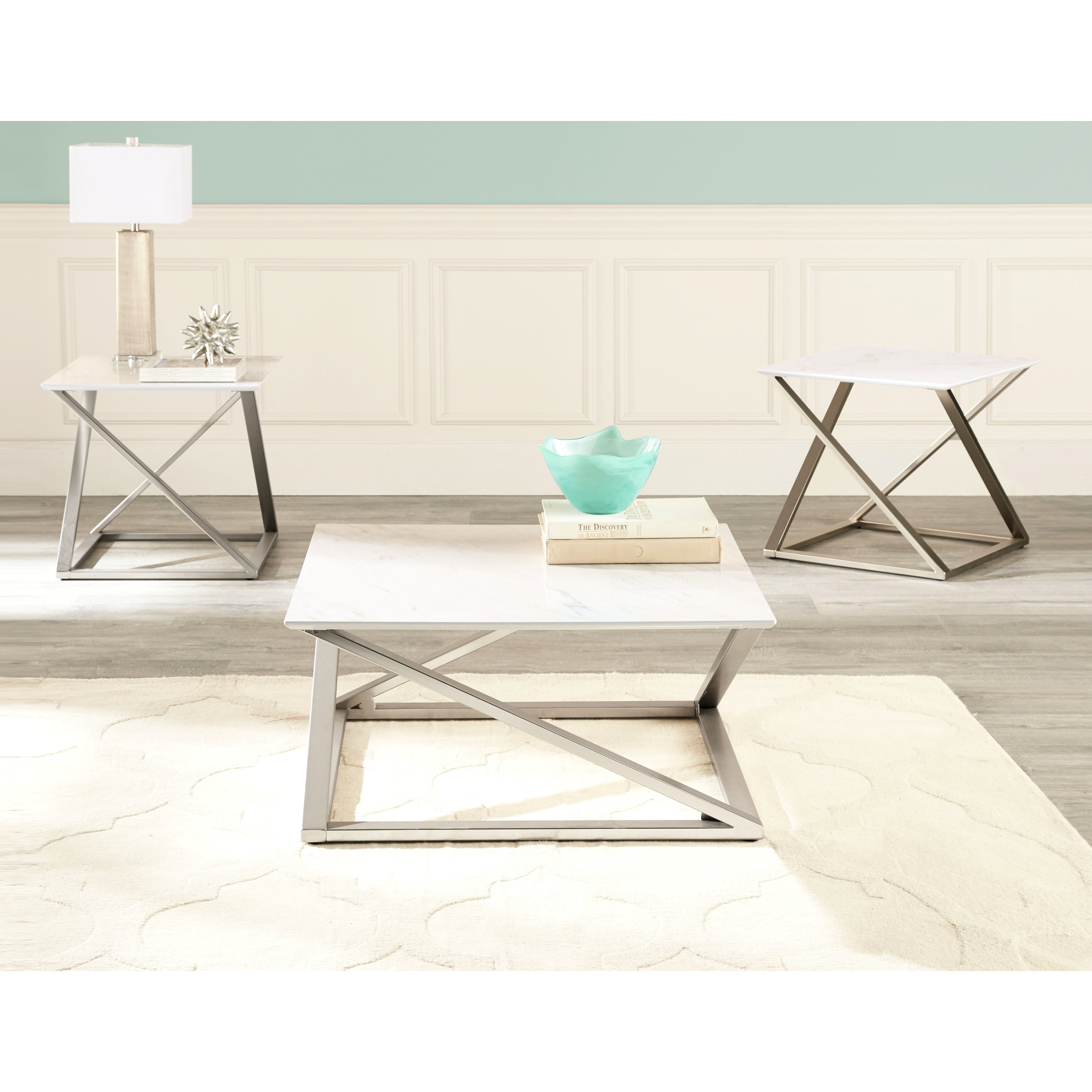 3 Piece Occasional Table In White - Faux Marble Veneer With Matte Base ...