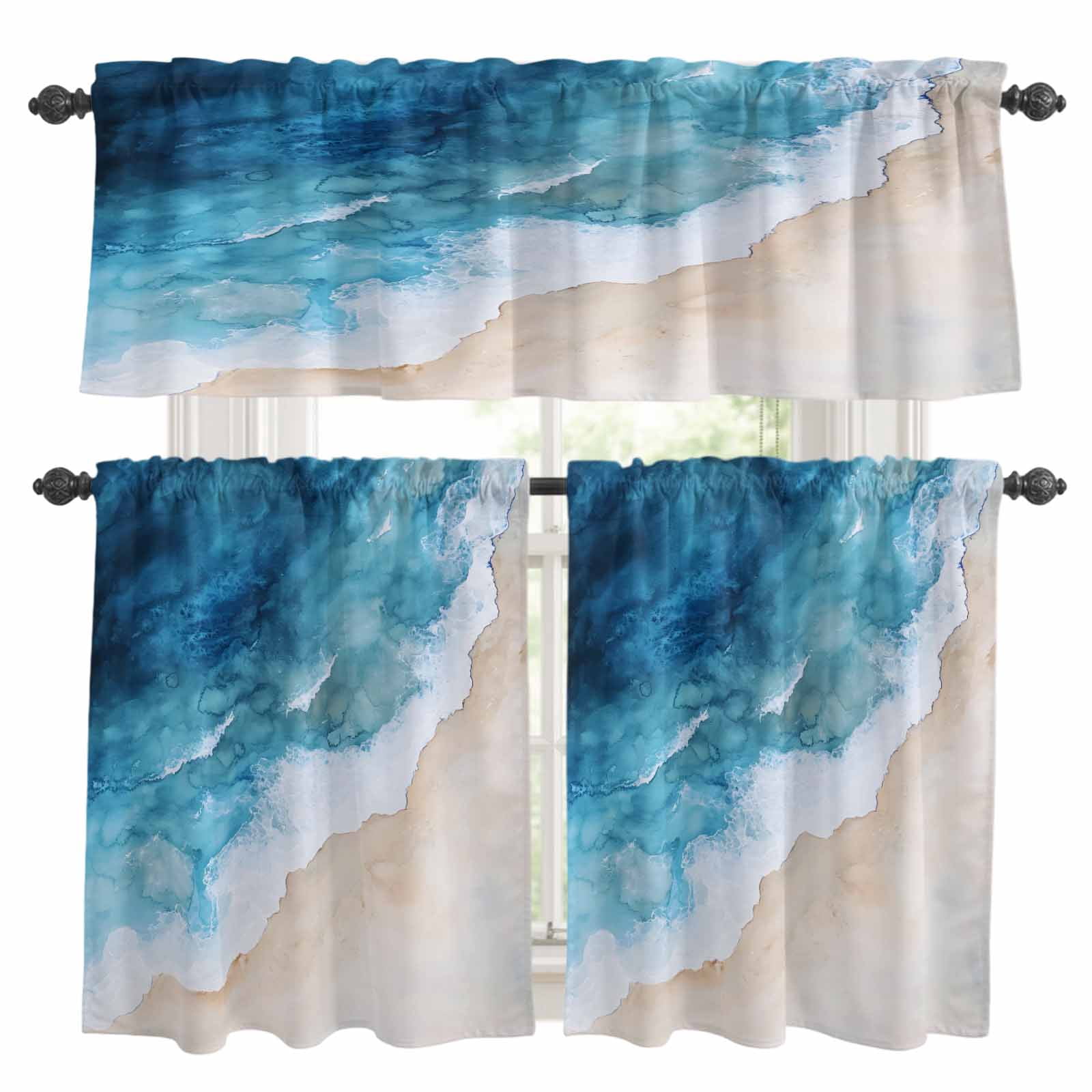 3 Piece Ocean Beach Kitchen Curtain Valance and Tiers Set Blue Gradient ...