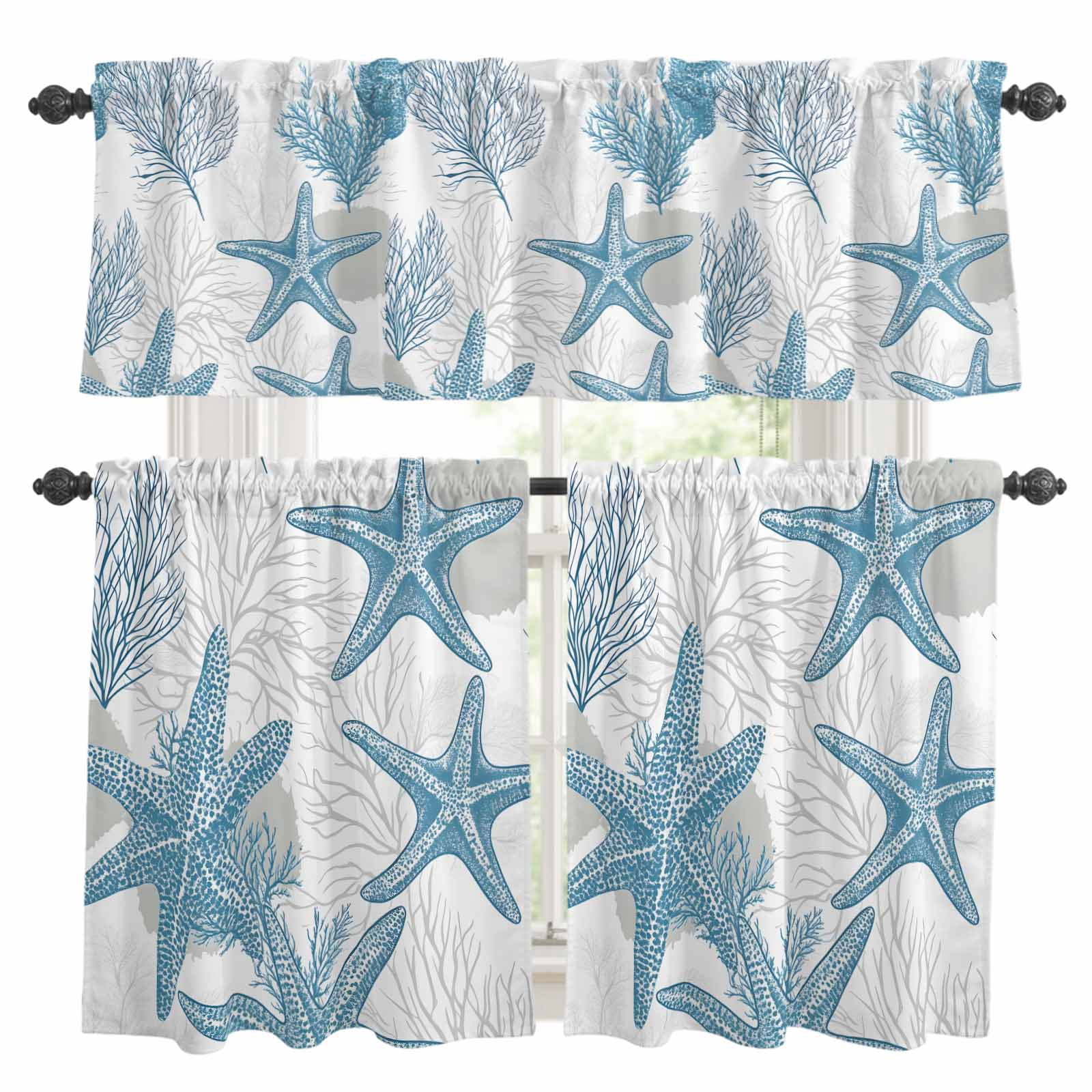 3 Piece Ocean Beach Kitchen Curtain Valance and Tiers Set Seashell ...