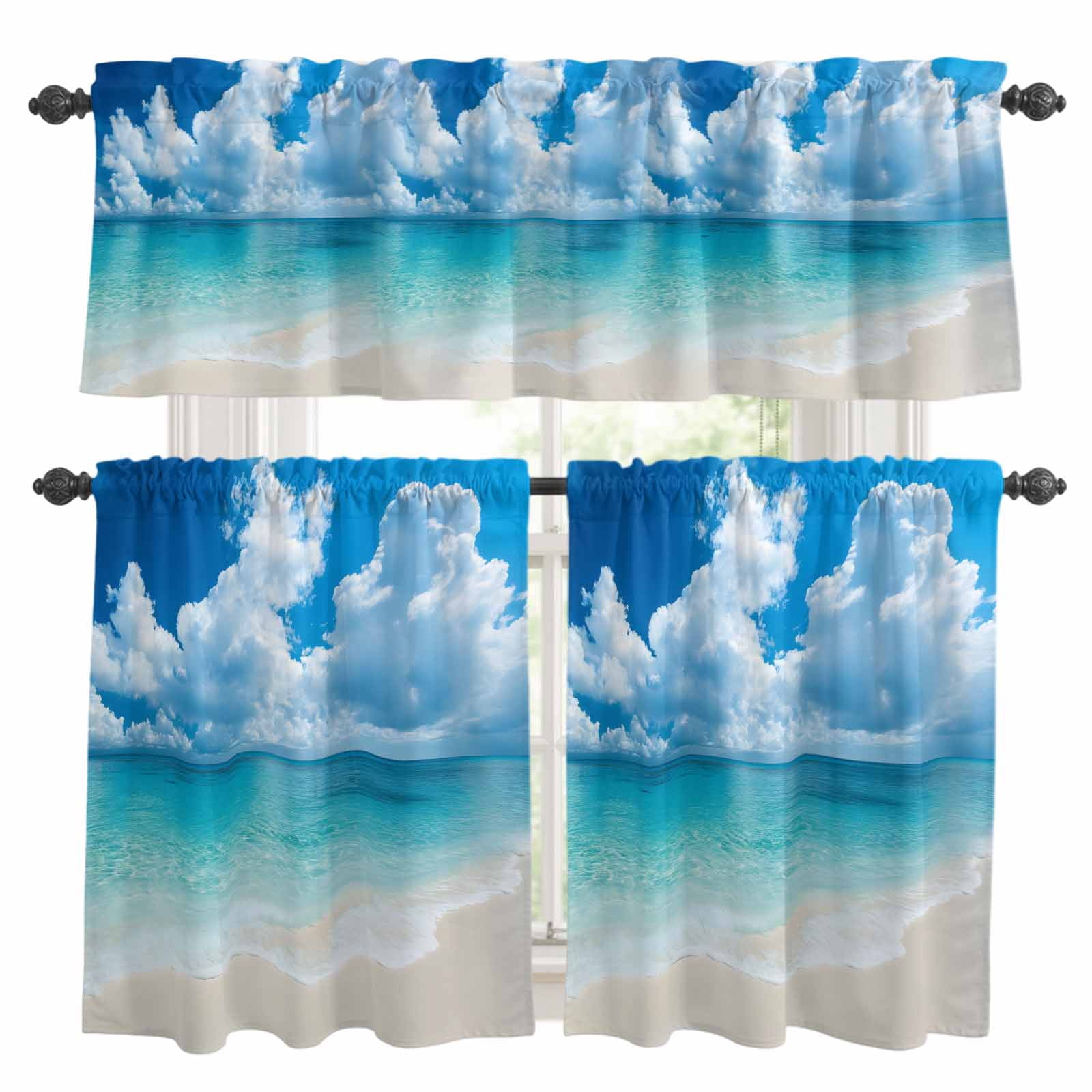 3 Piece Ocean Beach Kitchen Curtain Valance and Tiers Set Summer Nature ...