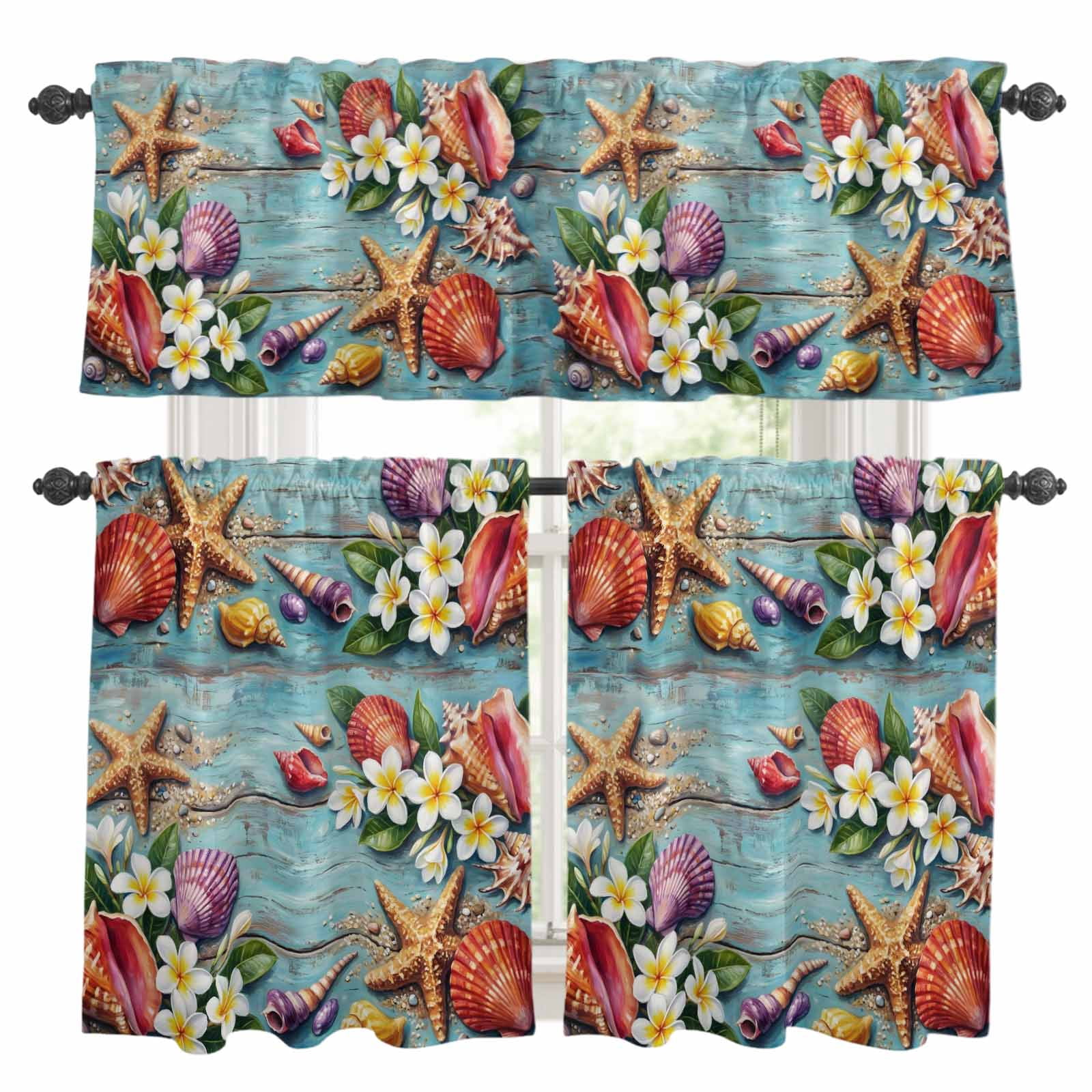 3 Piece Ocean Beach Kitchen Curtain Valance and Tiers Set Summer ...