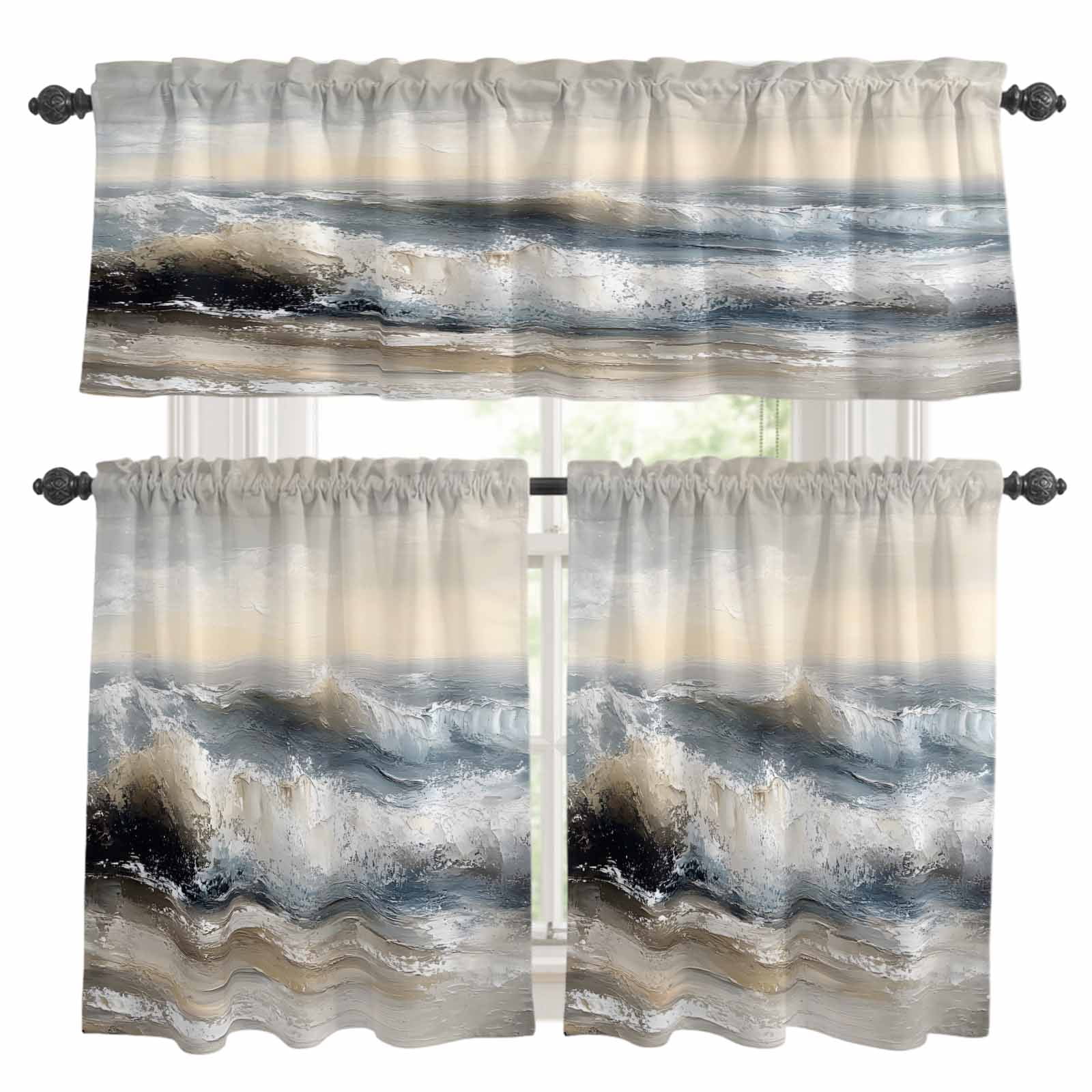 3 Piece Ocean Beach Wave Kitchen Curtain Valance and Tiers Set ...