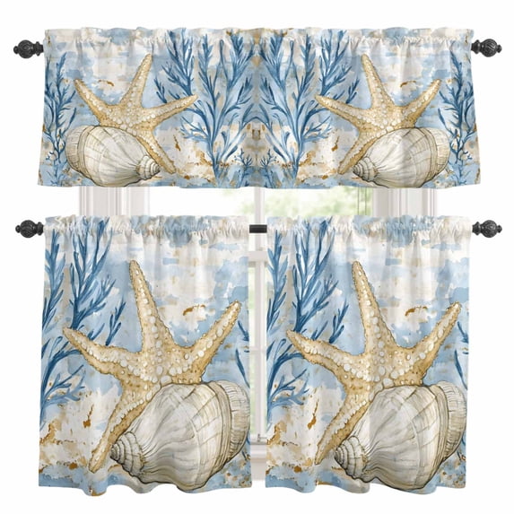 3 Piece Ocean Life Kitchen Curtain Valance and Tiers Set Marine Coral ...