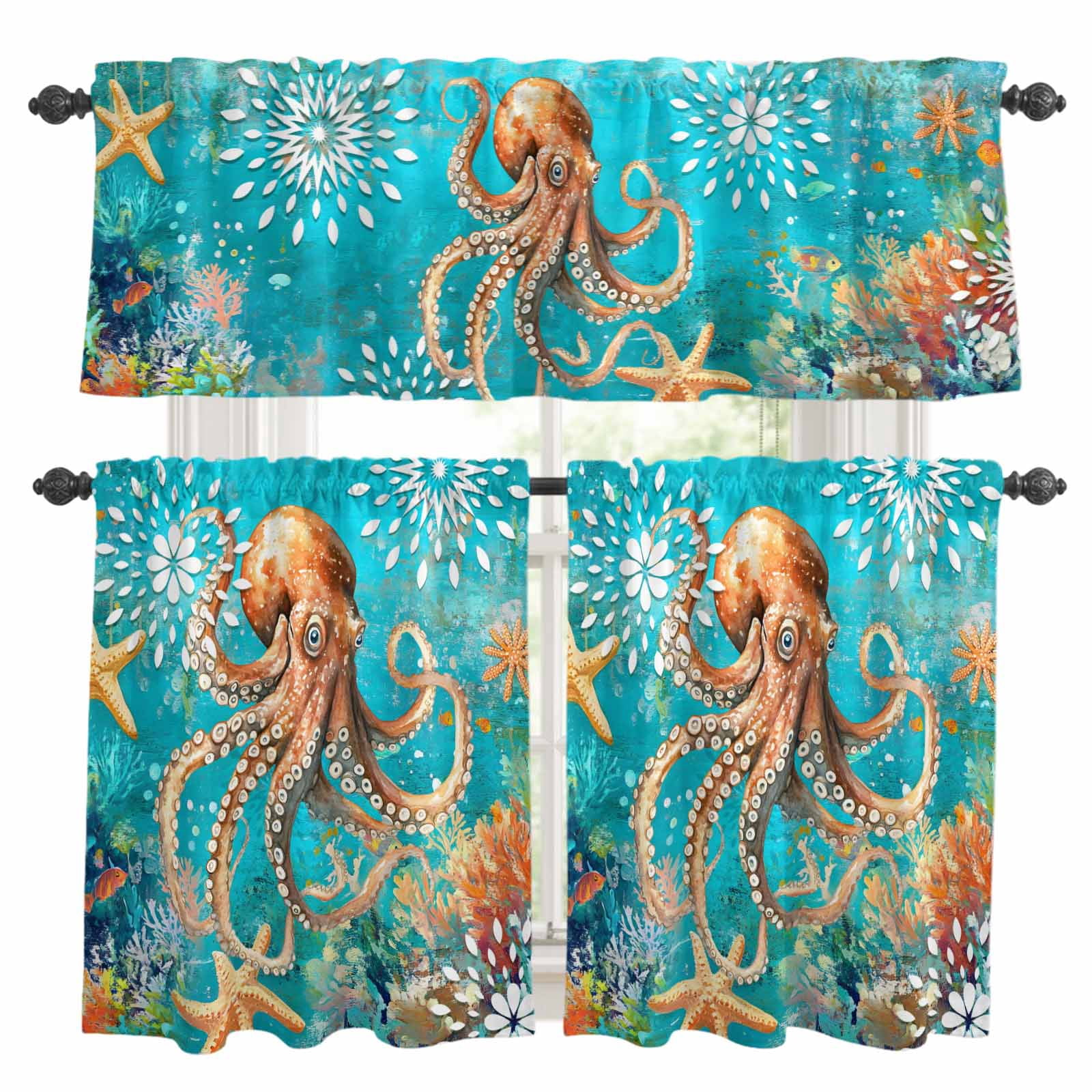 3 Piece Ocean Octopus Kitchen Curtain Valance and Tiers Set Marine Life ...
