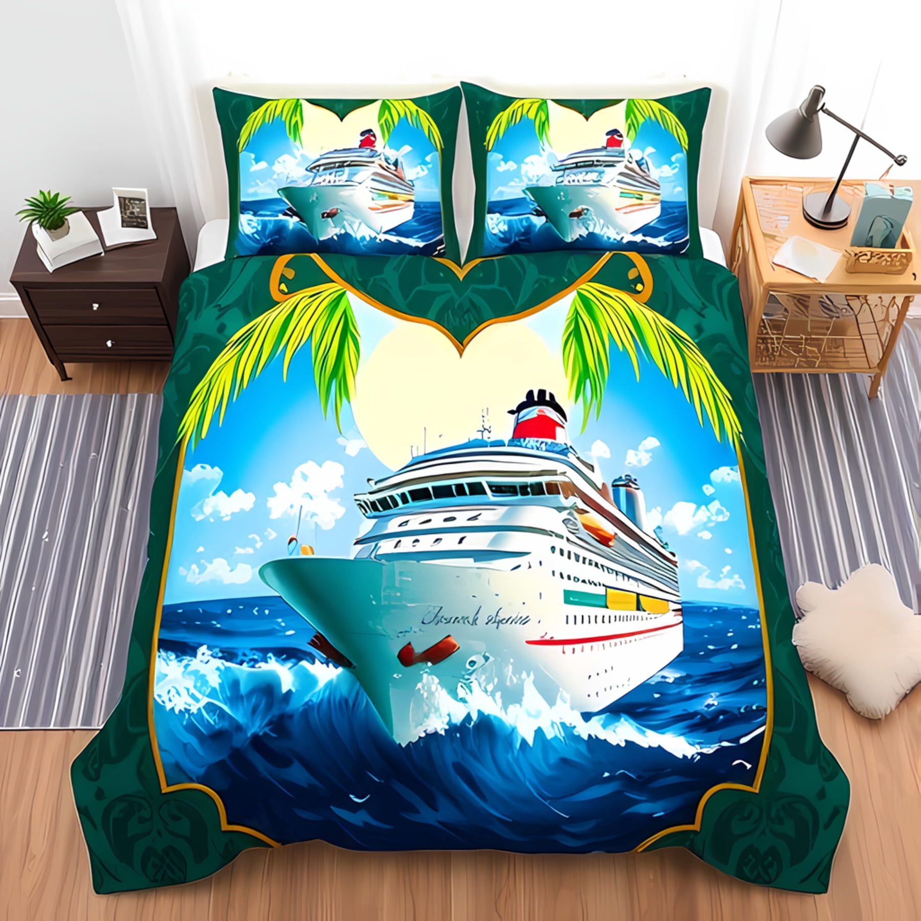 3-Piece Ocean Scene Duvet Cover Set with Cruise Ship Design - Tropical ...