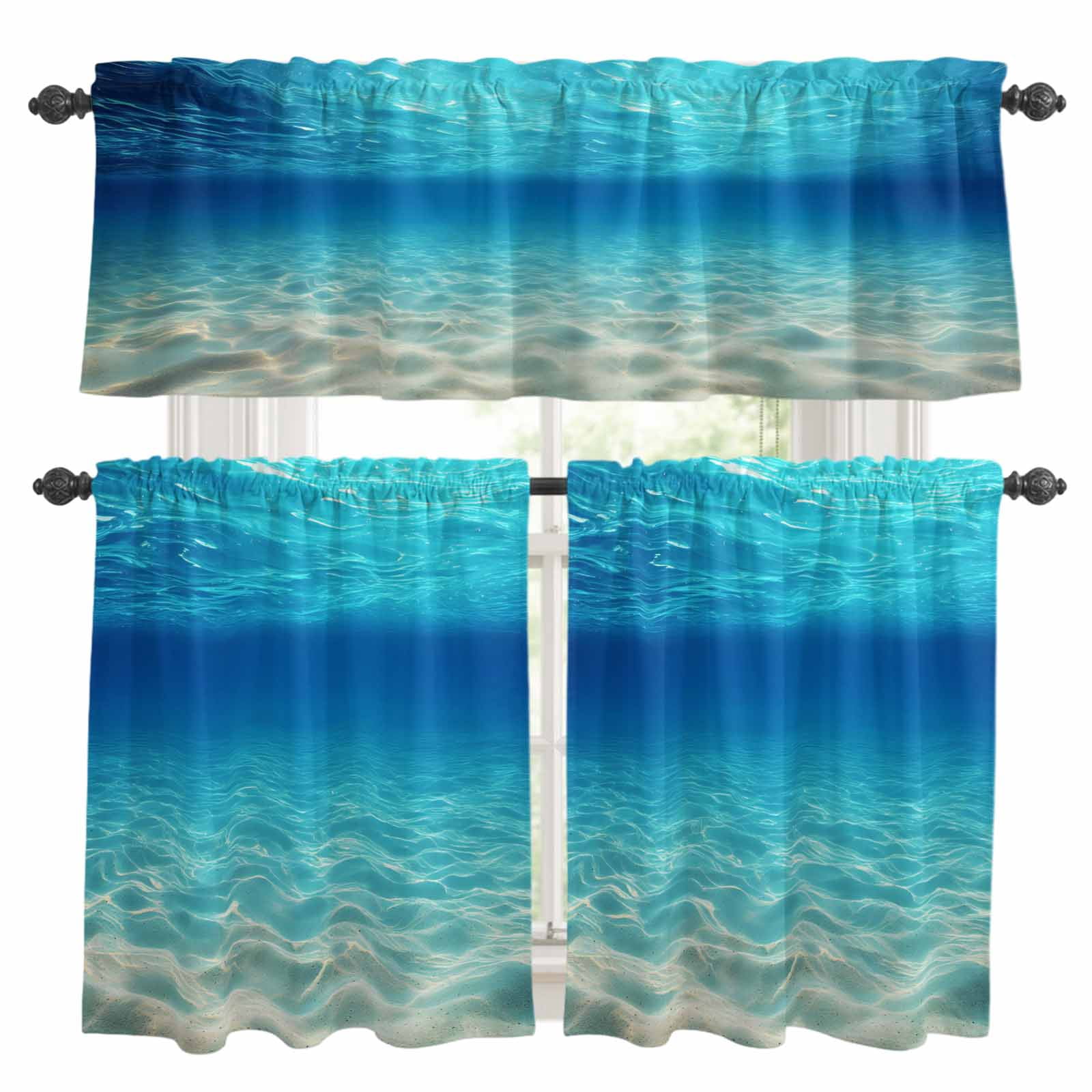 3 Piece Ocean Sea Kitchen Curtain Valance and Tiers Set Underwater Blue ...
