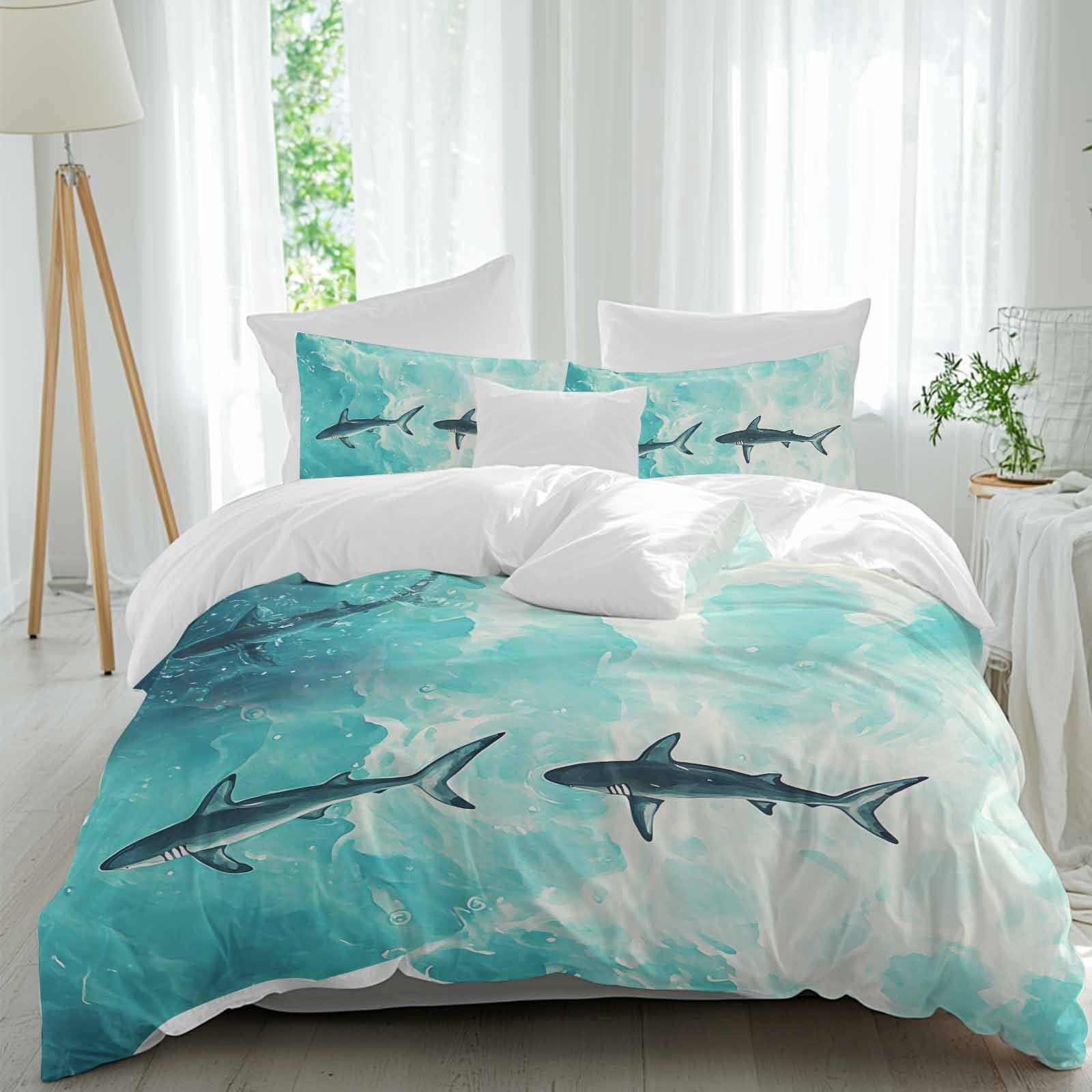 3 Piece Ocean Shark Duvet Cover Set Queen Size, Microfiber Comforter ...