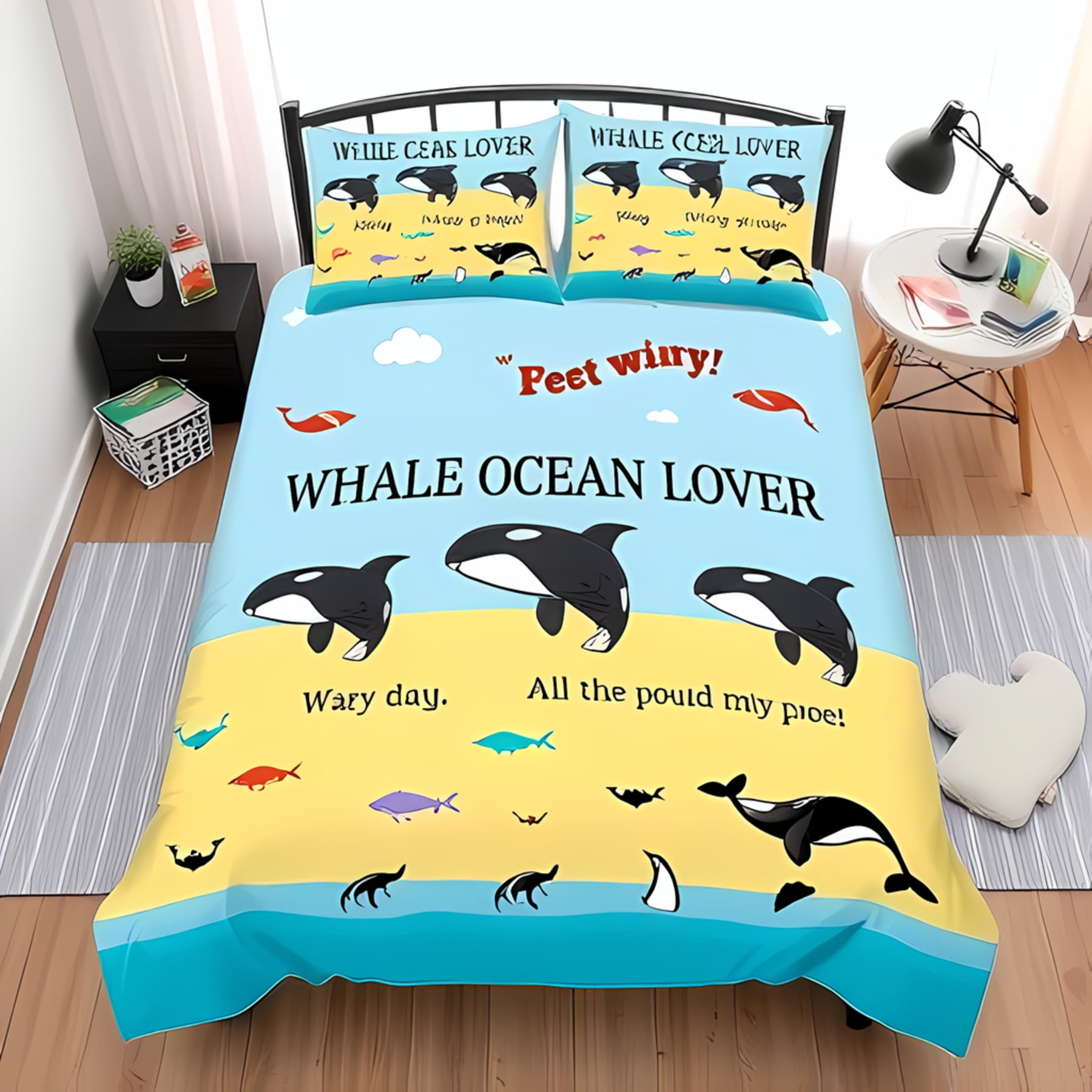 3-Piece Ocean Themed Duvet Cover Set with Cartoon Orcas Fish & Playful ...