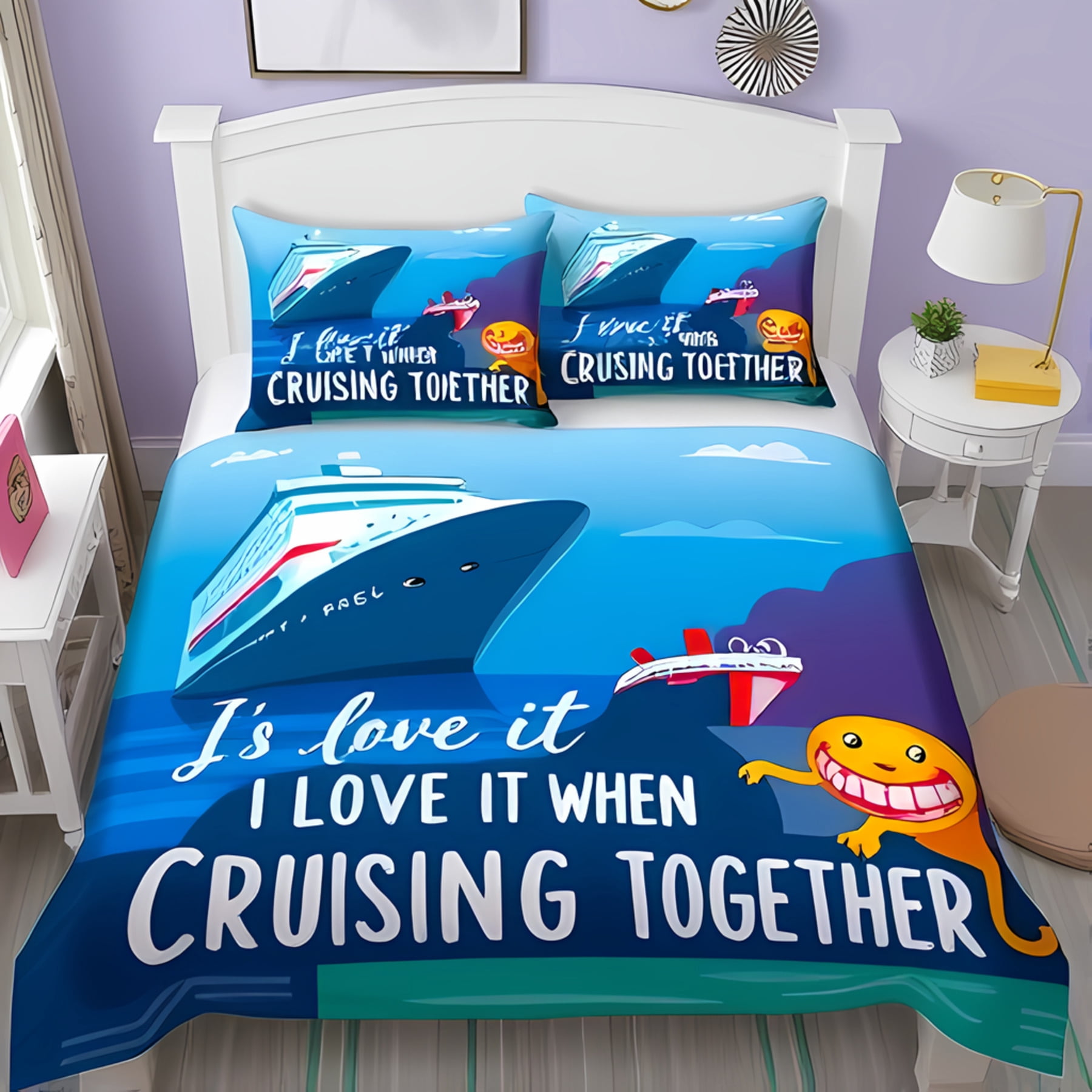 3-Piece Ocean Themed Duvet Cover Set with Cruise Ship Design & Cartoon ...