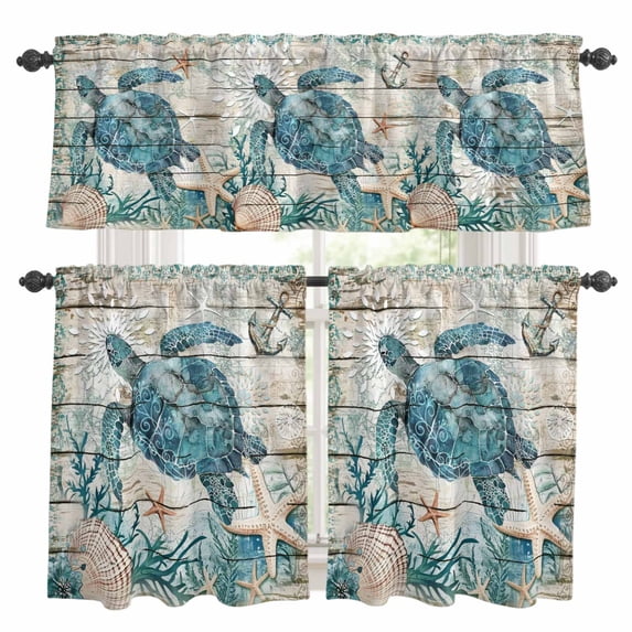 3 Piece Ocean Turtle Kitchen Curtain Valance and Tiers Set Retro Coral ...