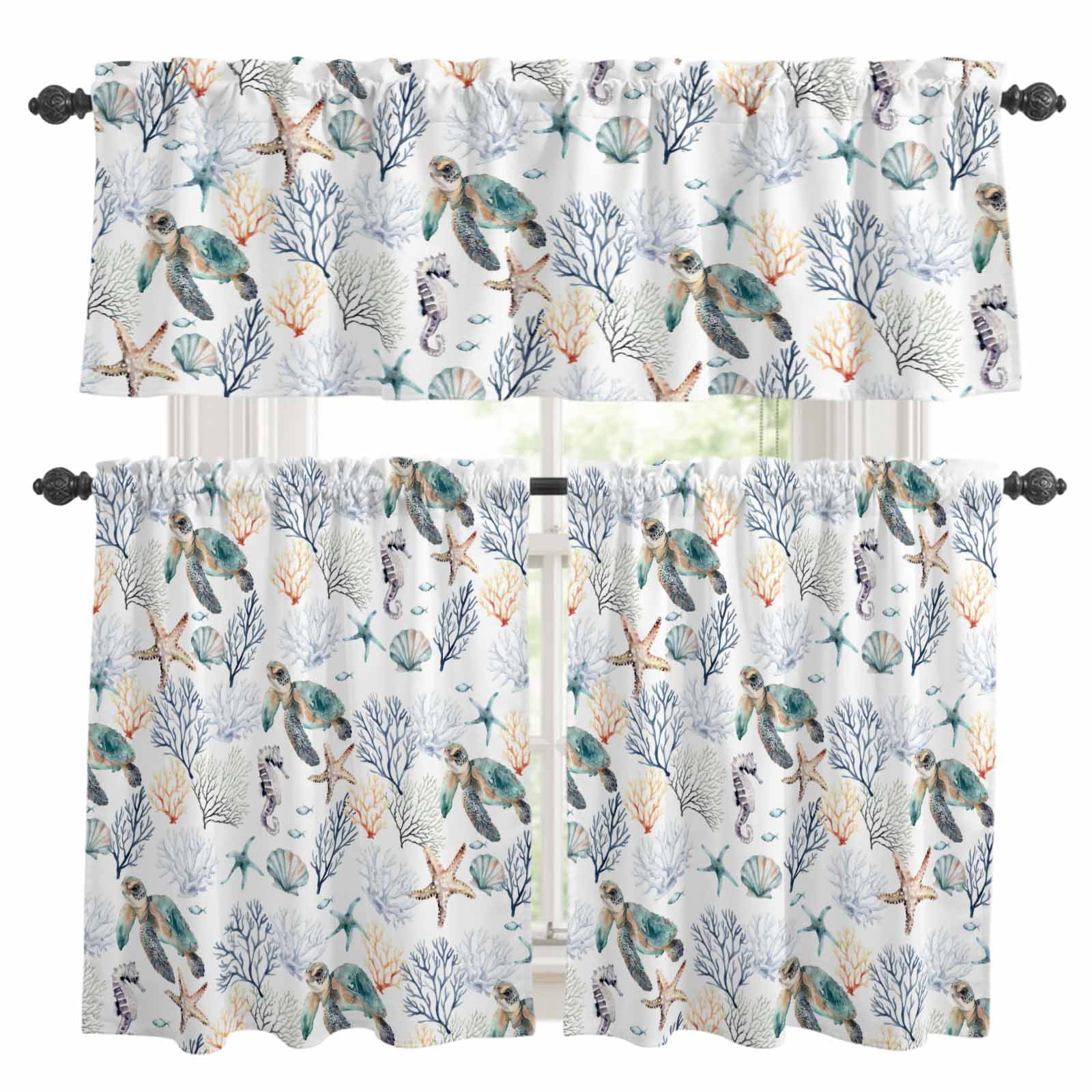 3 Piece Ocean Turtle Kitchen Curtain Valance and Tiers Set Watercolor ...
