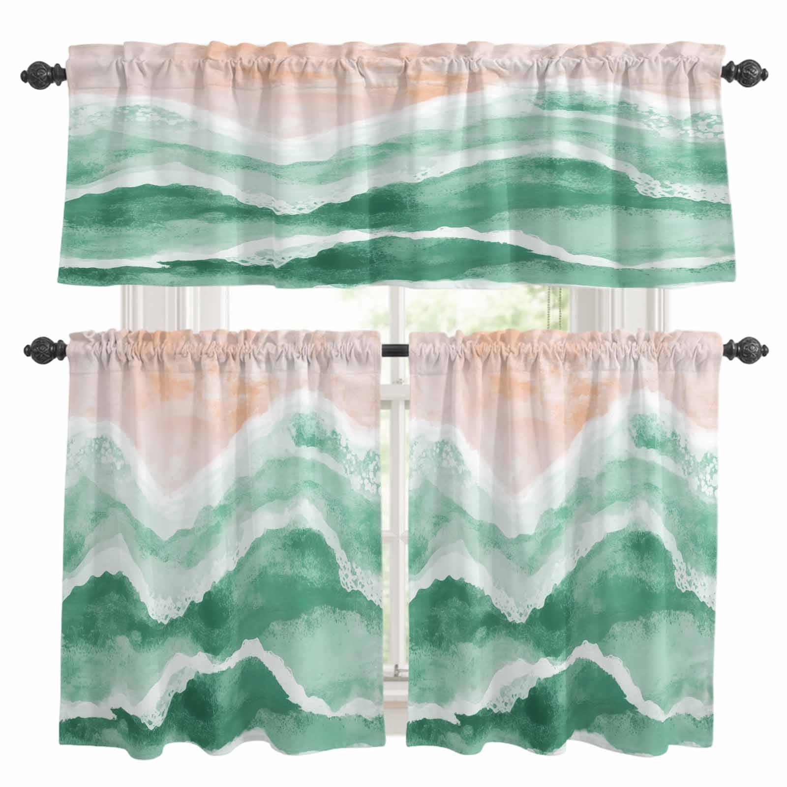 3 Piece Ocean Wave Kitchen Curtain Valance and Tiers Set Sage Green ...