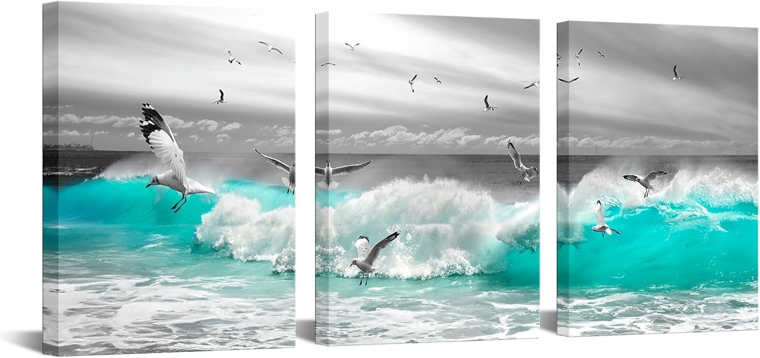 3 Piece Ocean Waves Wall Art Teal Blue Sea Beach Wave Canvas Prints ...