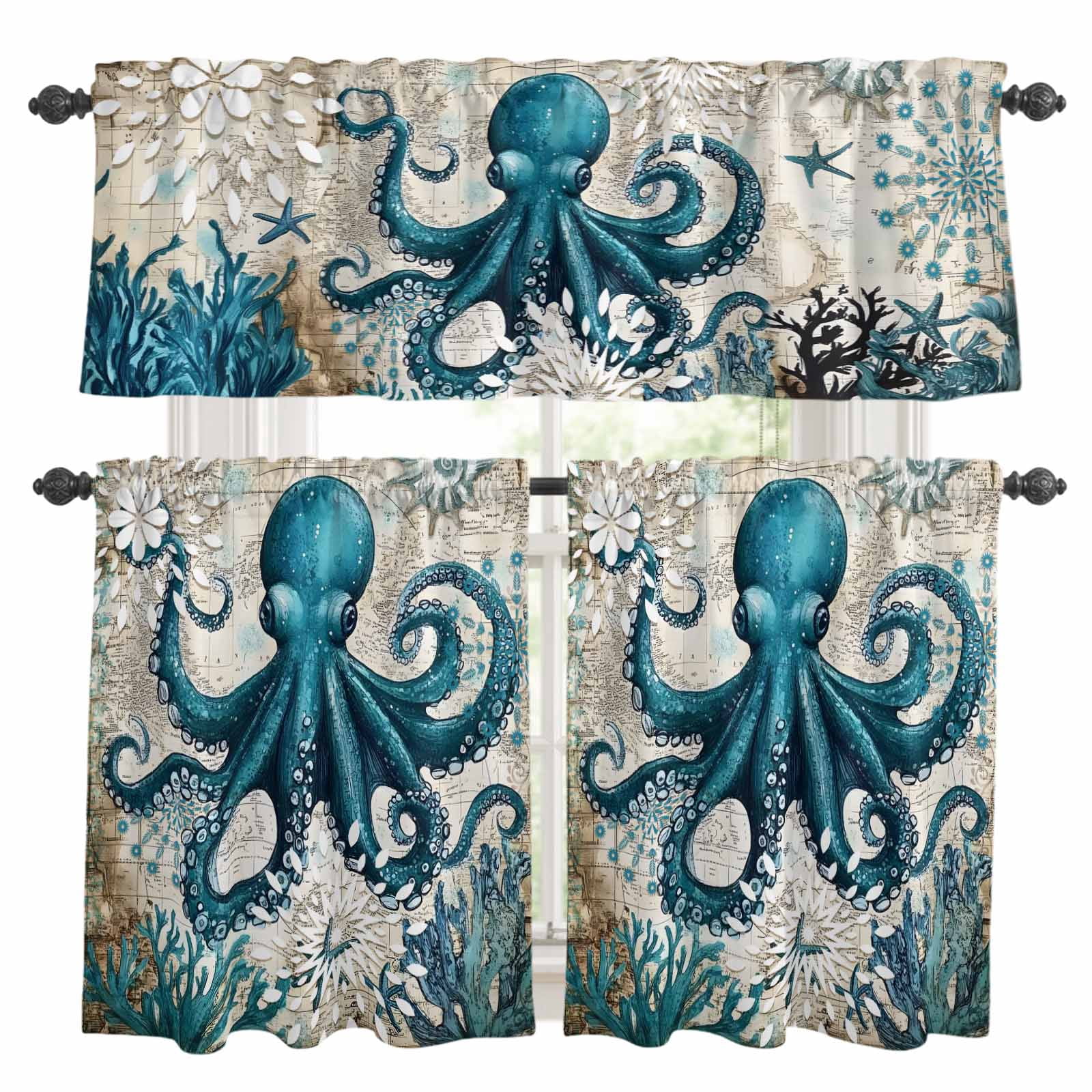 3 Piece Octopus Kitchen Curtain Valance and Tiers Set Nautical Navy ...