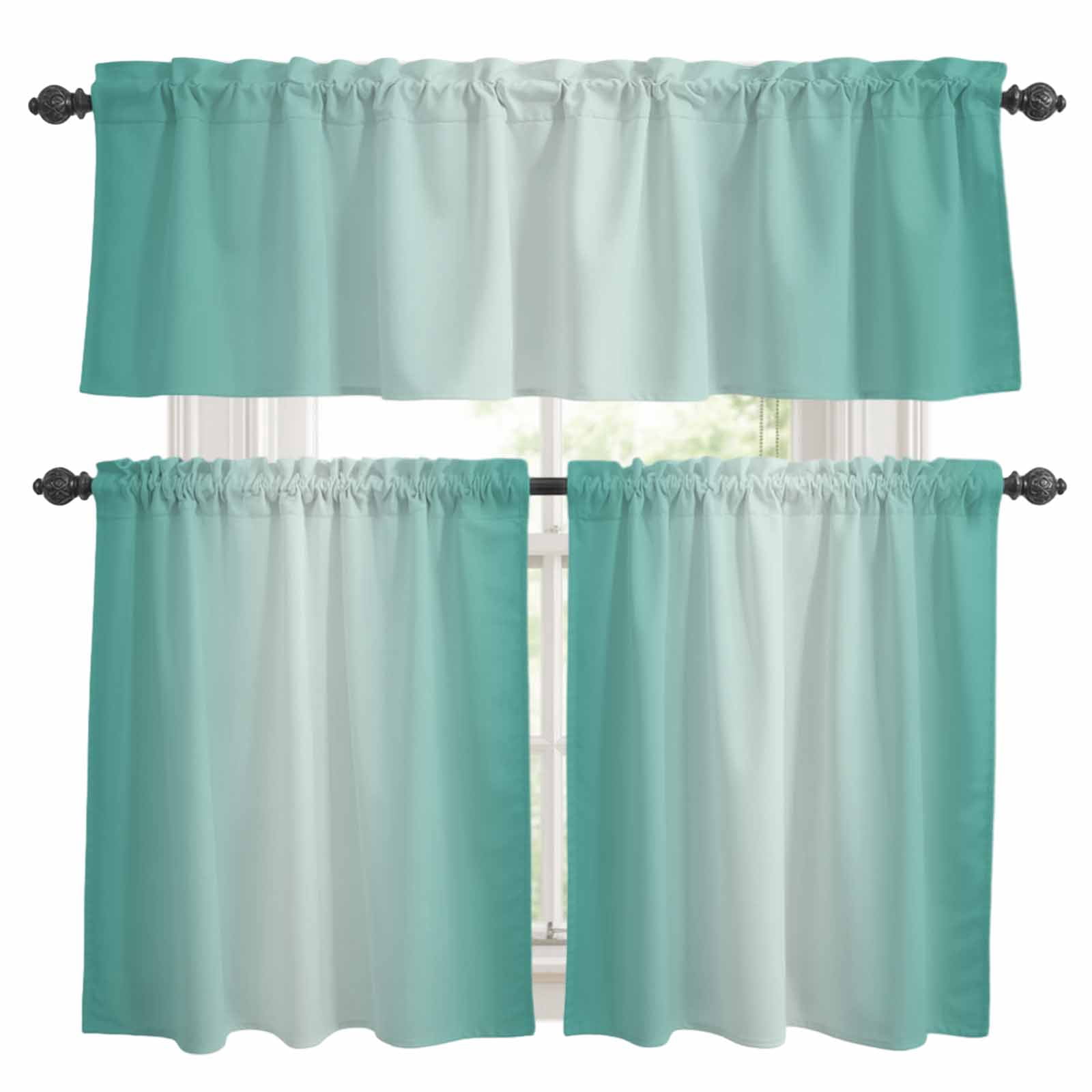 3 Piece Ombre Kitchen Curtain Valance and Tiers Set Teal Green Gradient ...