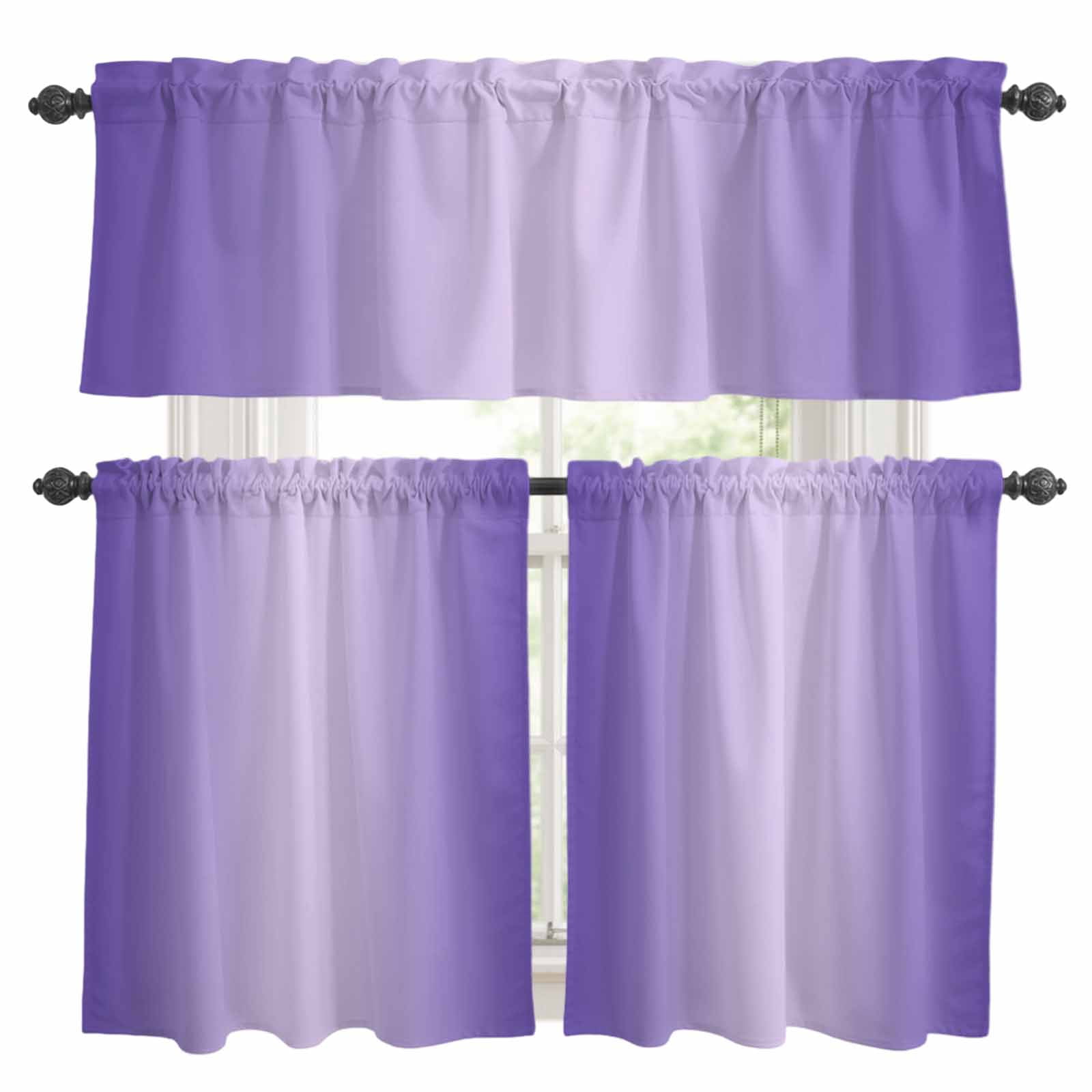 3 Piece Ombre Kitchen Curtain Valance and Tiers Set Violet Purple ...