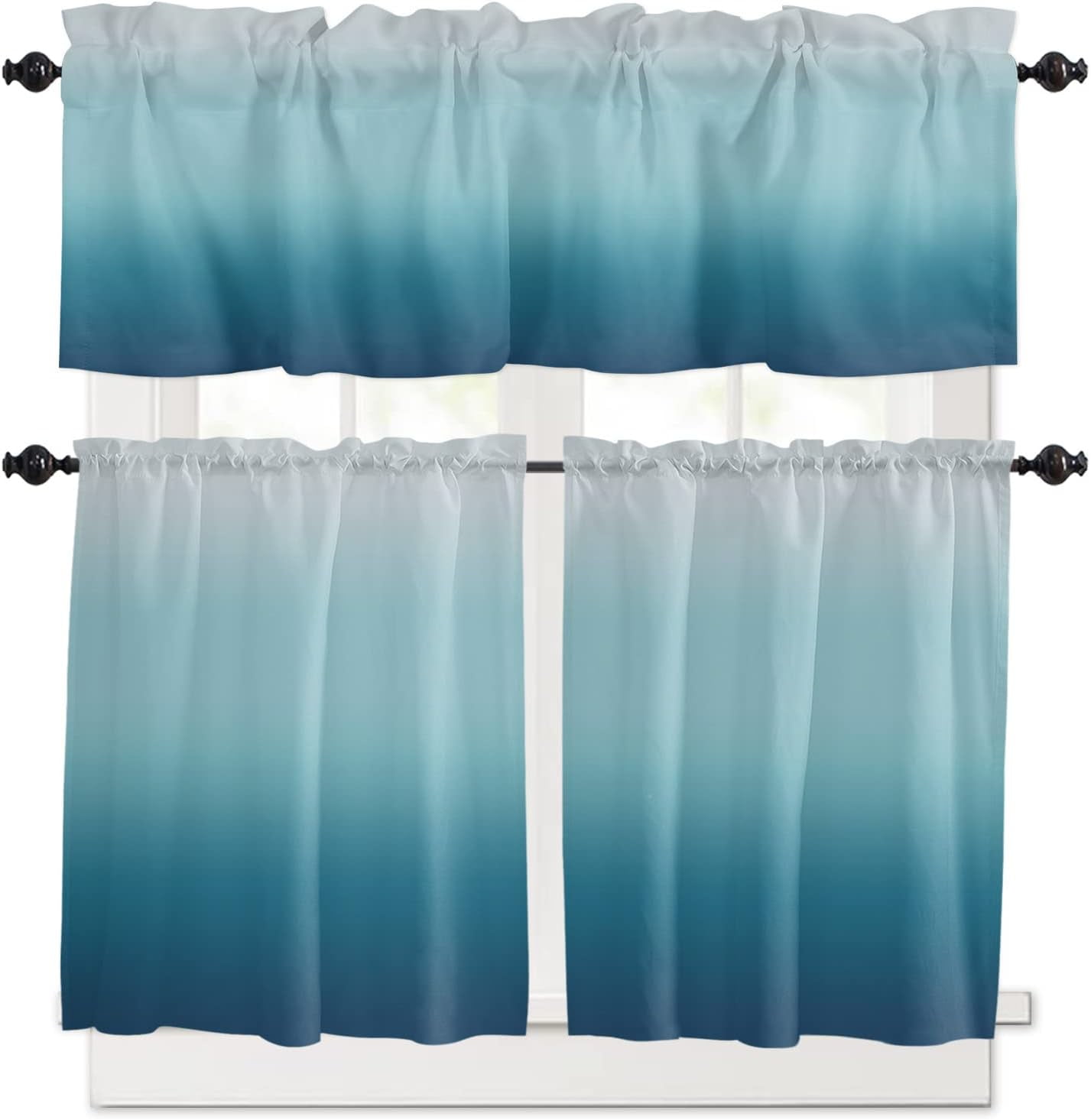 3 Piece Ombre White Blue Kitchen Curtains, Tier and Valance Rod Pocket ...