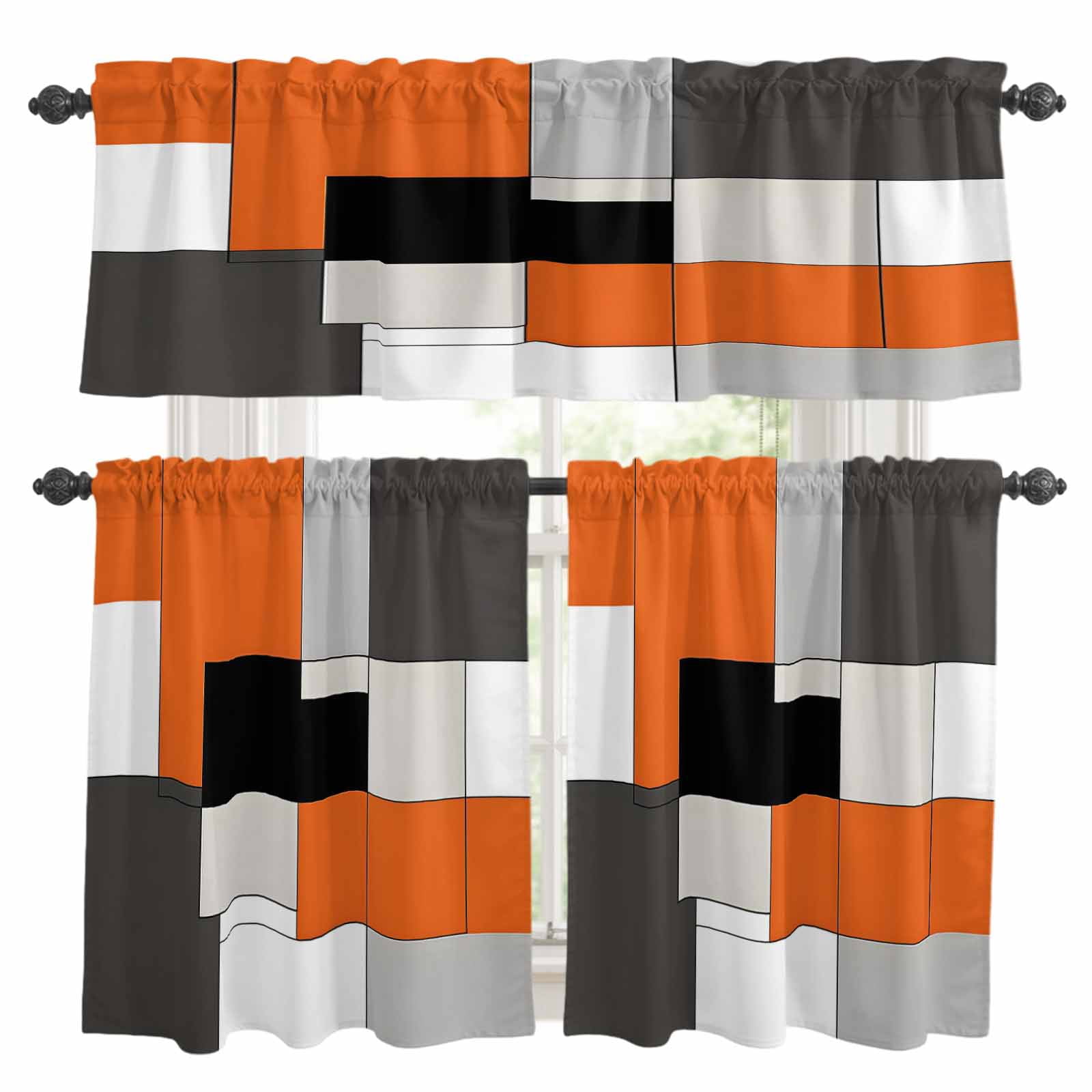 3 Piece Orange Black Kitchen Curtain Valance and Tiers Set Gray ...