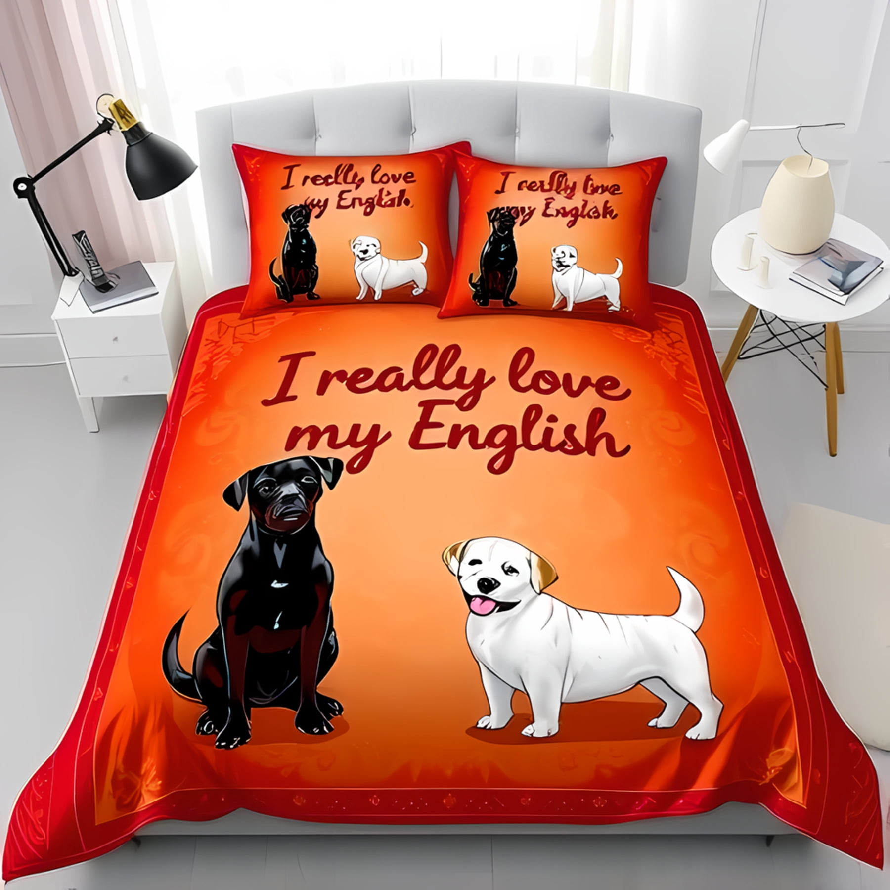 3-Piece Orange Duvet Cover Set with " I Really Love My English ...