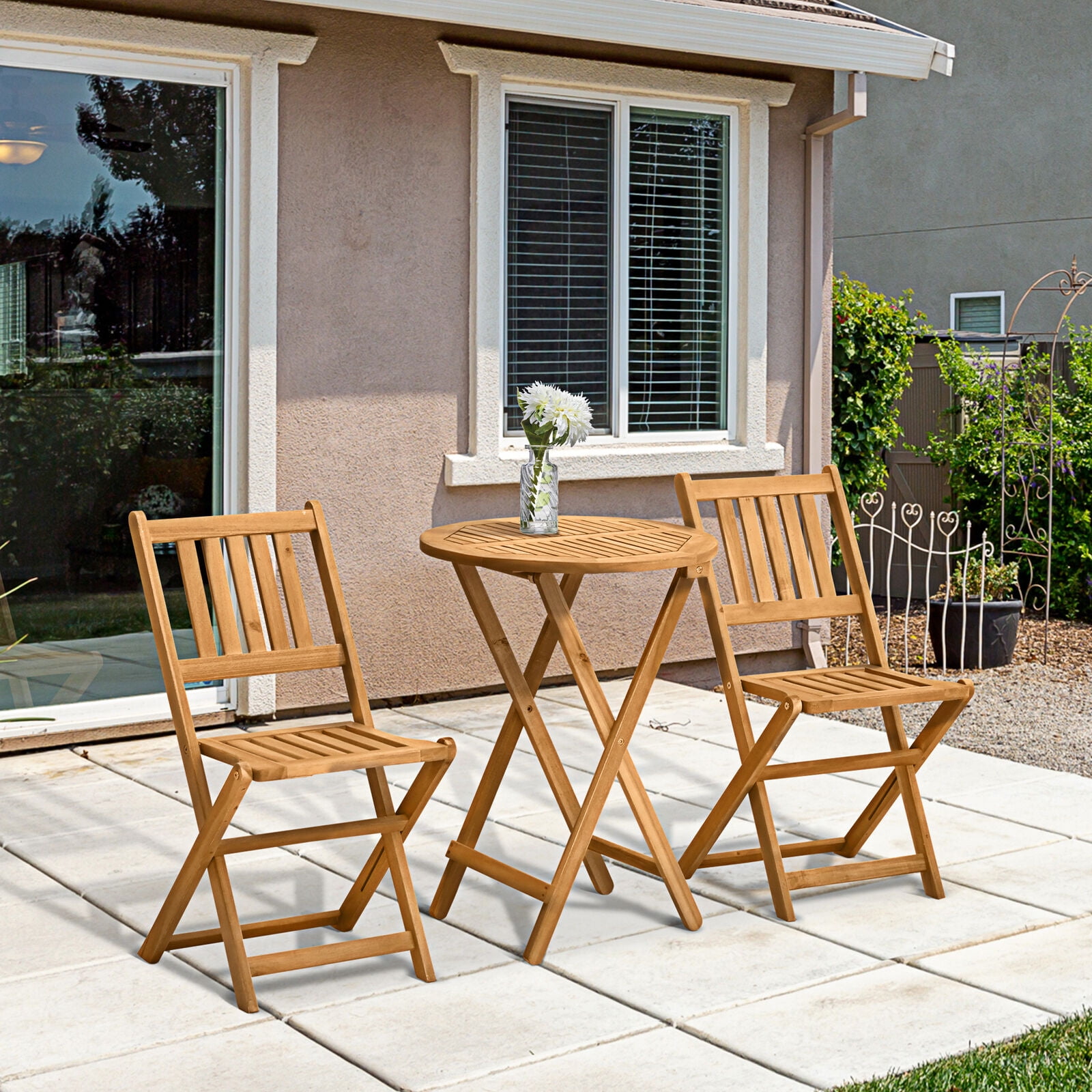 3 Piece Outdoor Bistro Furniture Set, Modern Natural Acacia Wood Patio Bistro Table and Chair ...