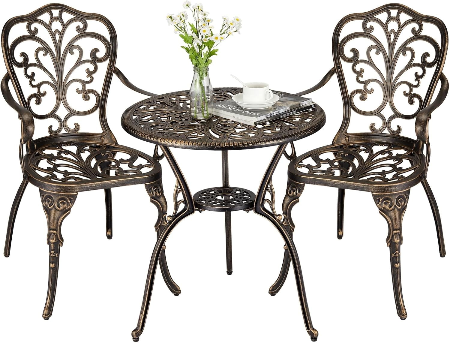 3-Piece Outdoor Bistro Set, Rust-Resistant Cast Aluminum Table and ...