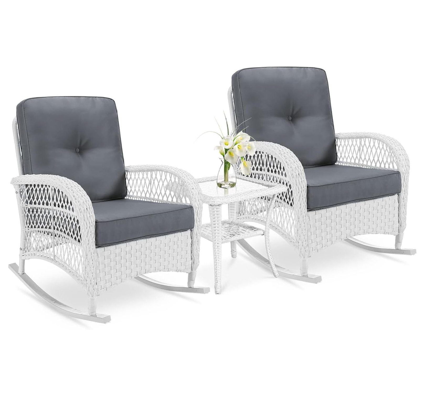 3-Piece Outdoor Conversation Bistro Set, Patio Wicker Rocking Chairs ...