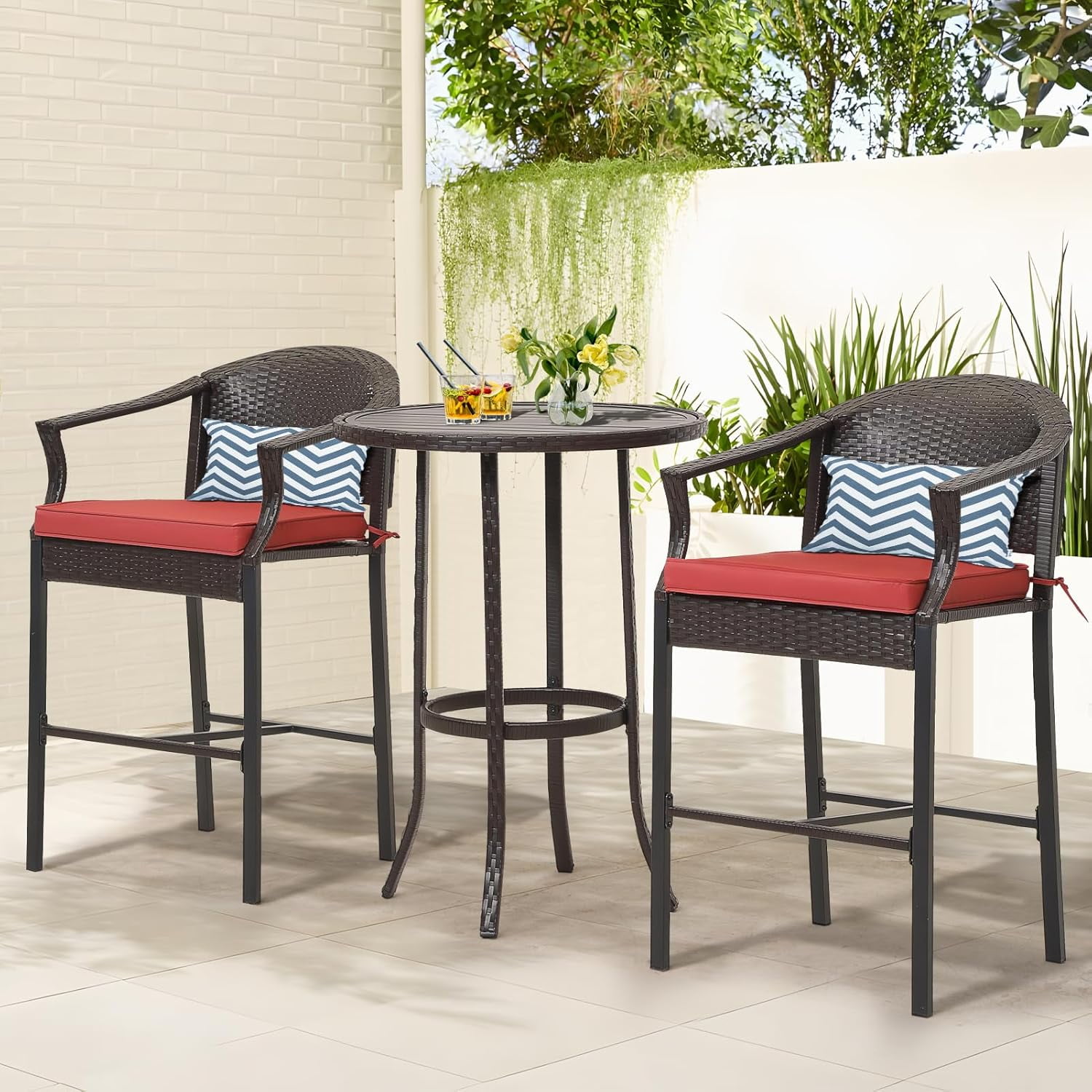 3 Piece Outdoor Patio Bar Table and Chairs Set, Wicker Bar Height ...