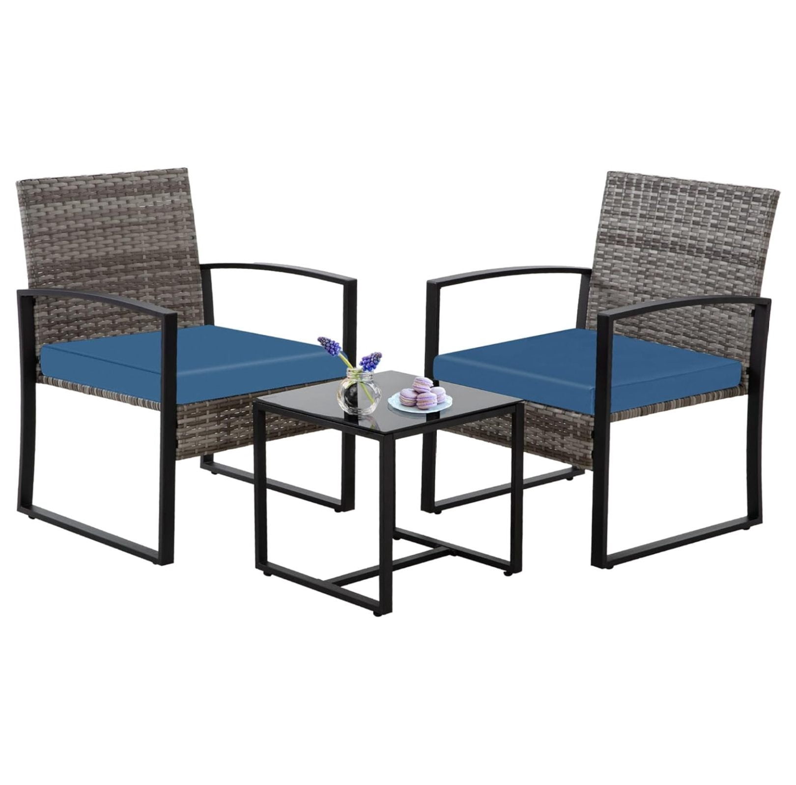 3 Piece Outdoor Patio Bistro Set, Wicker Table and Chairs Set of 2, All ...
