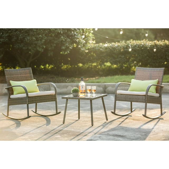3-Piece Outdoor Patio Wicker Rocking Rocker Chair & Side Coffee Table ...
