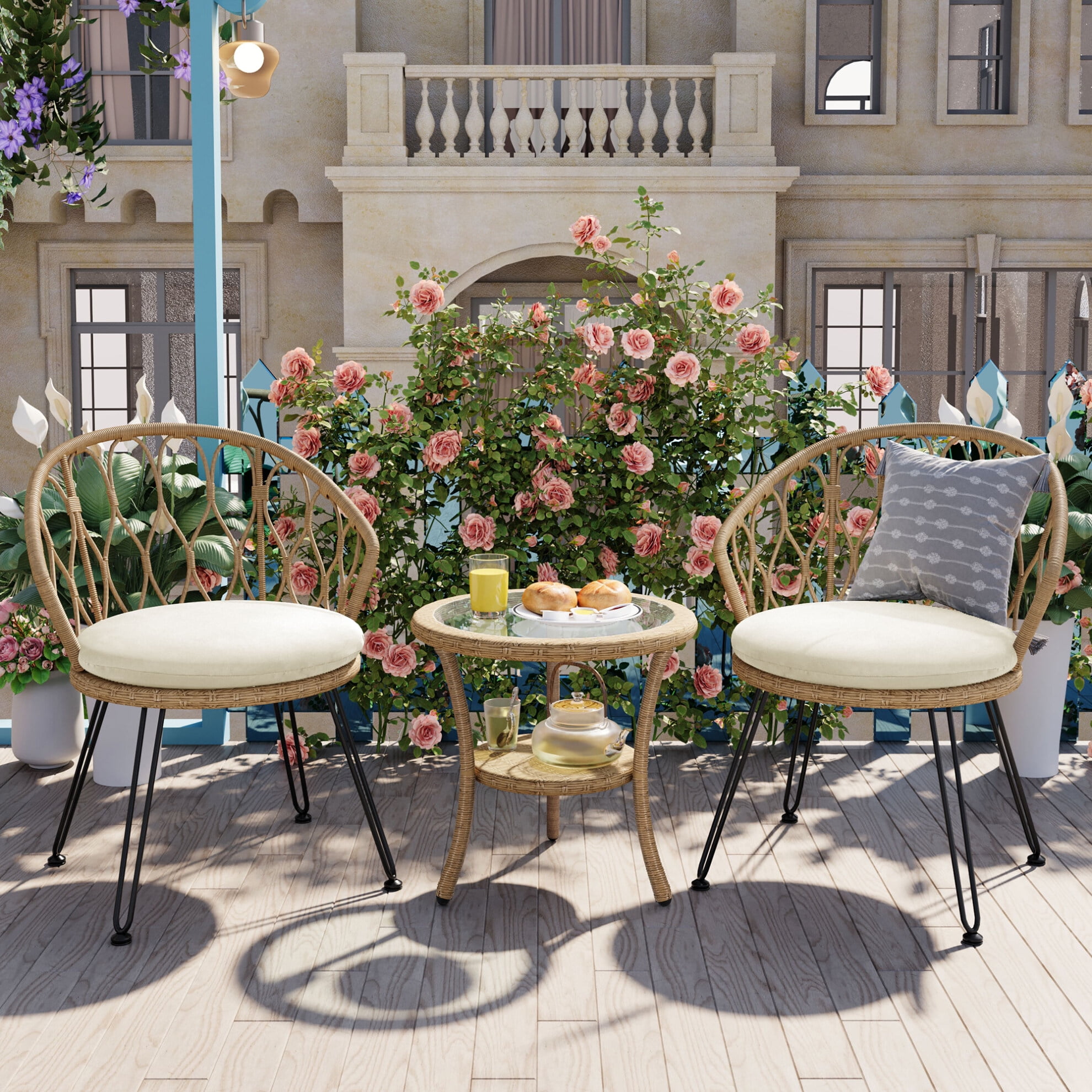 3-Piece Outdoor Rattan Chat Set with Tempered Glass Table - All-Weather ...