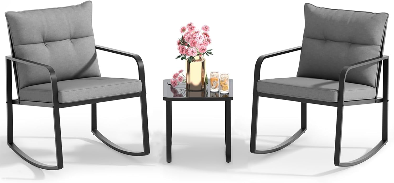 3 Piece Outdoor Rocking Bistro Set, Black Steel Furniture, Porch Chairs ...