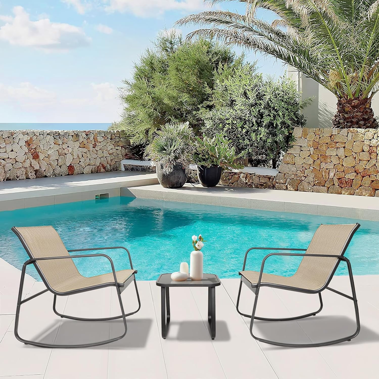 3 Piece Outdoor Rocking Bistro Set, Textilene Fabric Small Furniture ...