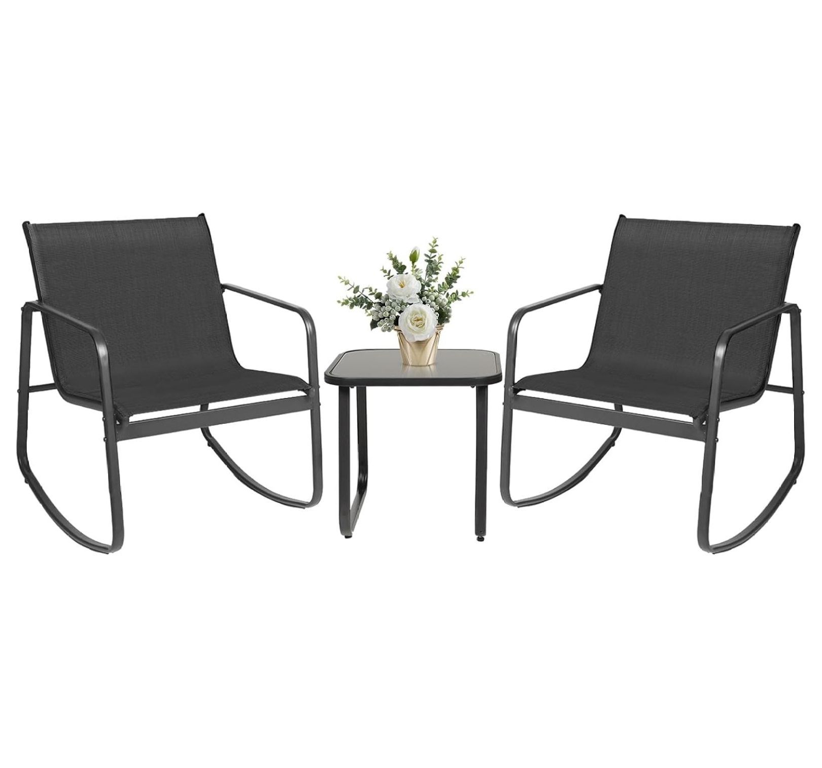 3 Piece Outdoor Rocking Bistro Set, Textilene Fabric Small Patio ...