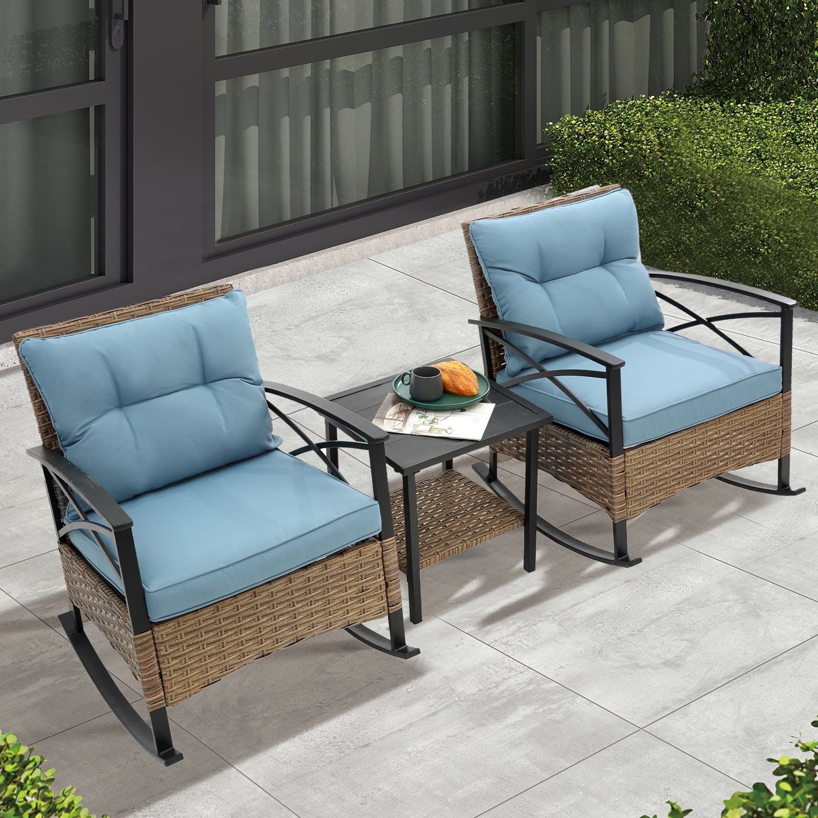3-Piece Outdoor Rocking Chair, Rattan Wicker Patio Furniture with ...
