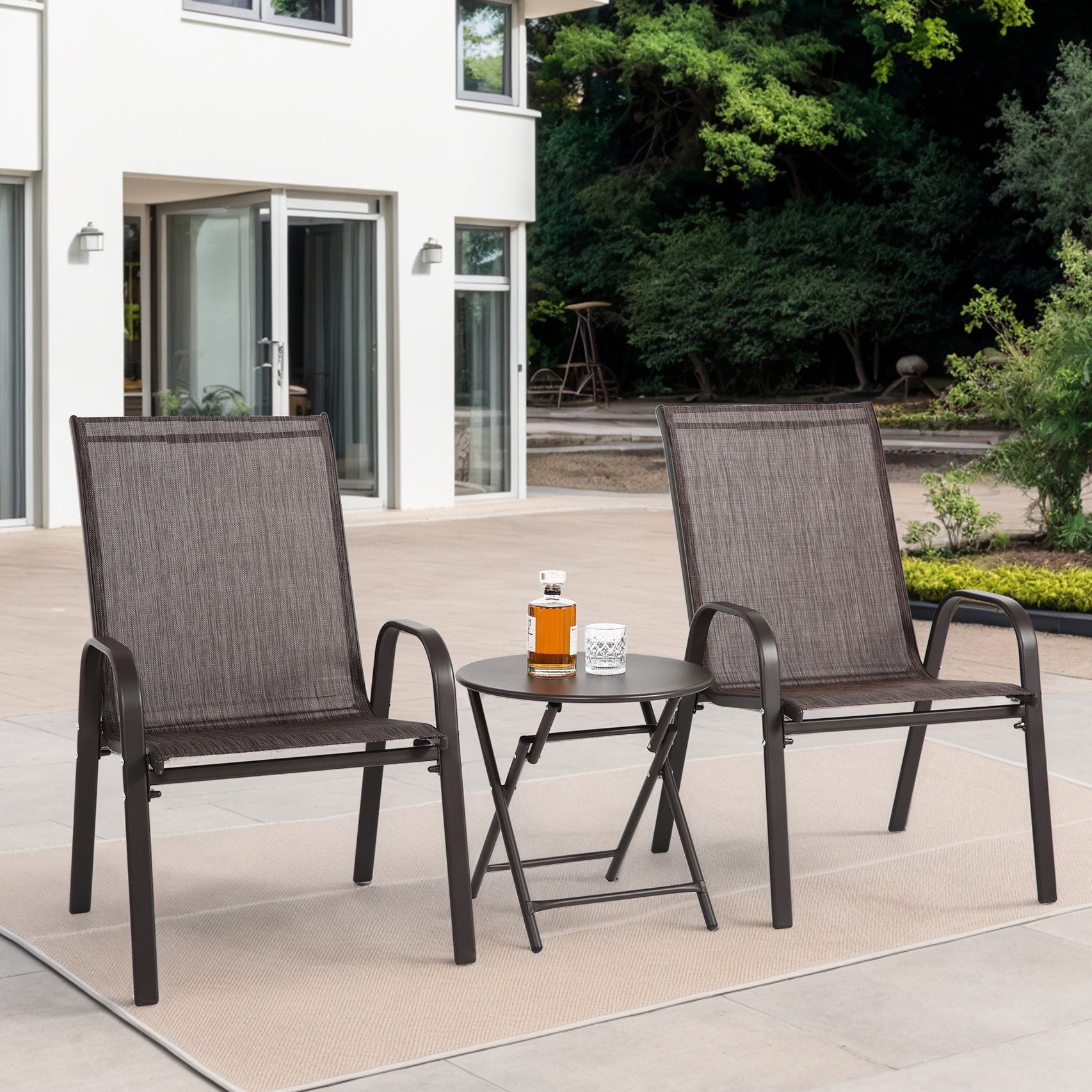 3 Piece Outdoor Set: 2 Brown Chairs & Steel Table | Compact Design for ...