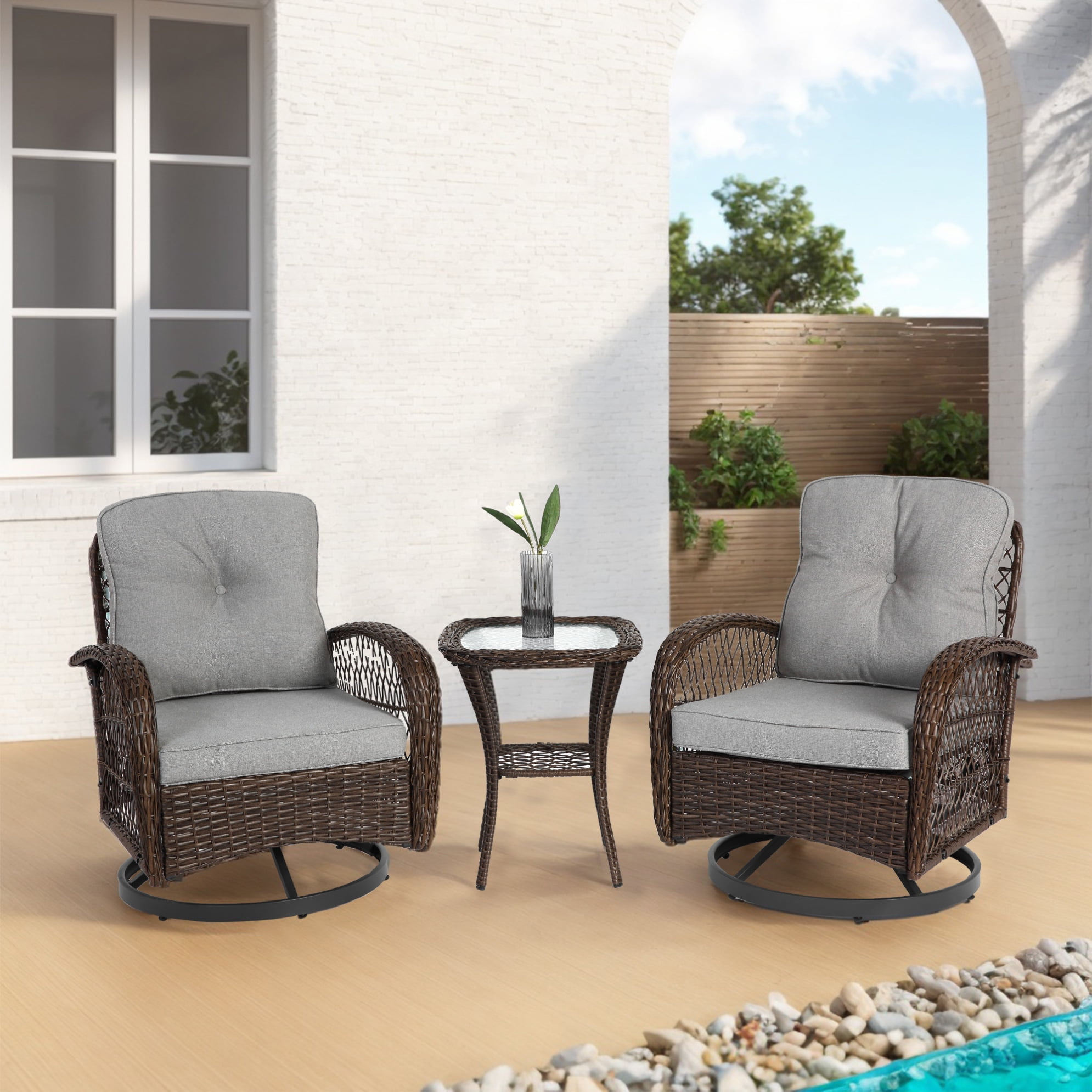 3-Piece Outdoor Swivel Rocking Chair Set with Glass Coffee Table, 360 ...